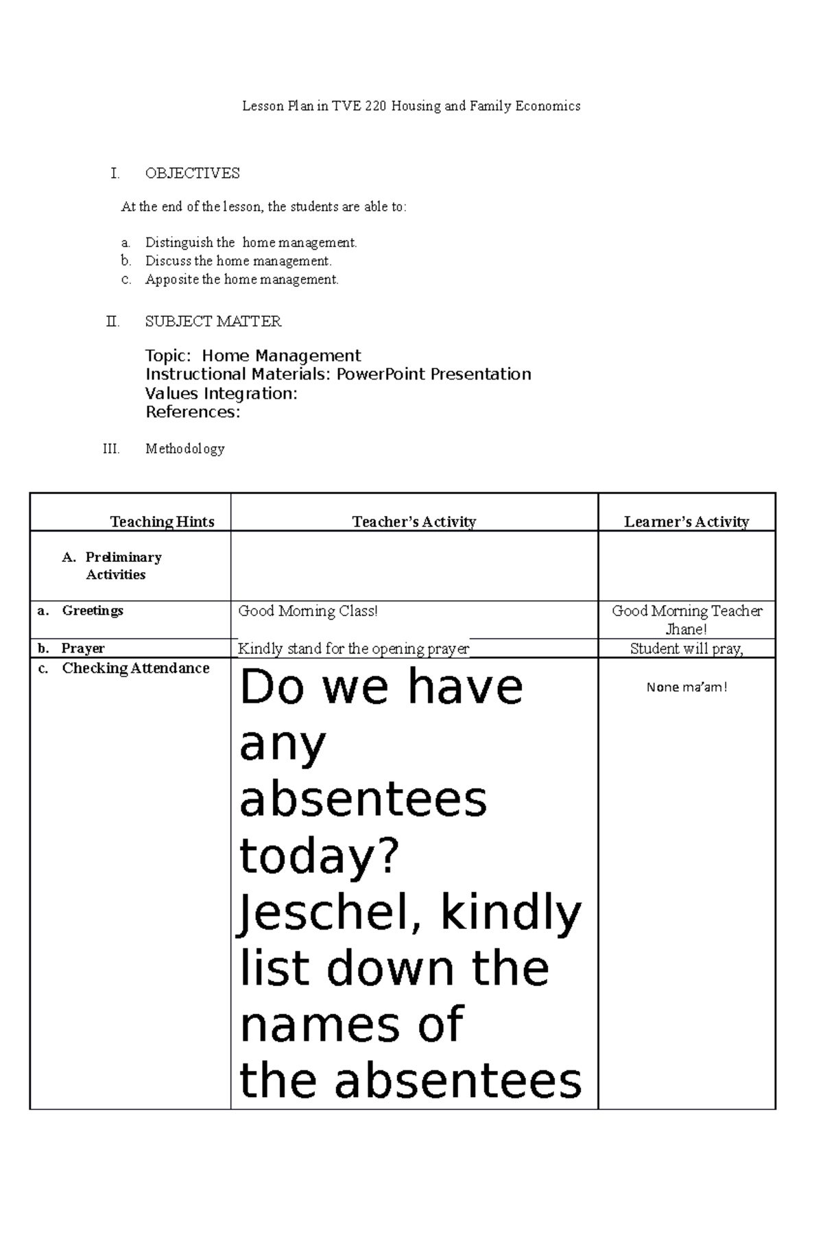 Lesson Plan in TVE 220 Housing and Family Economics - OBJECTIVES At the ...