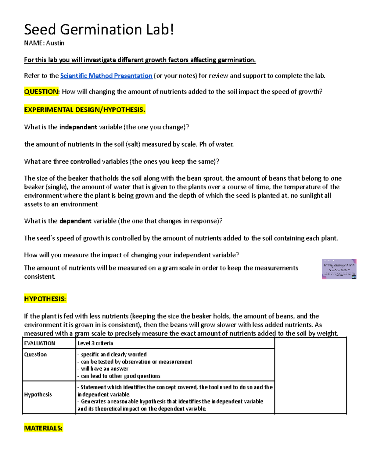 Austin's Seed Germination inquiry lab template - Seed Germination Lab ...