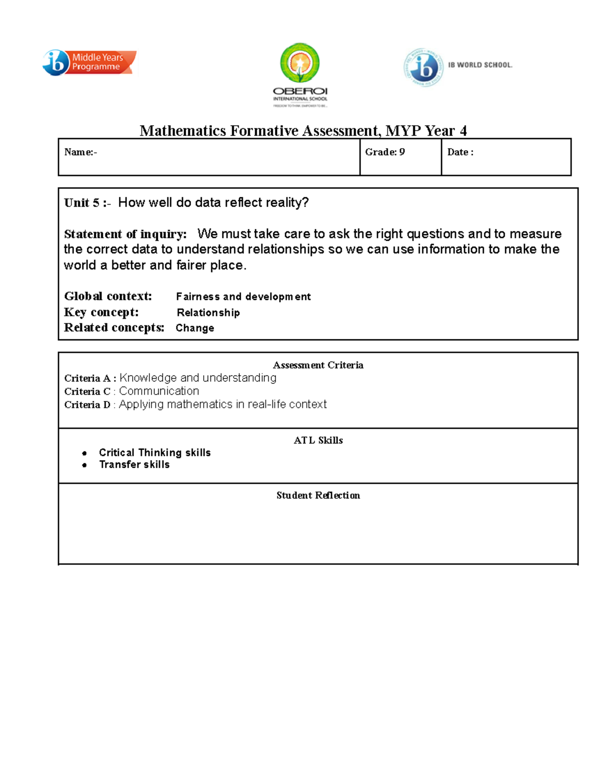Grade 9 Unit 5 Summative Assessment - Mathematics Formative Assessment ...