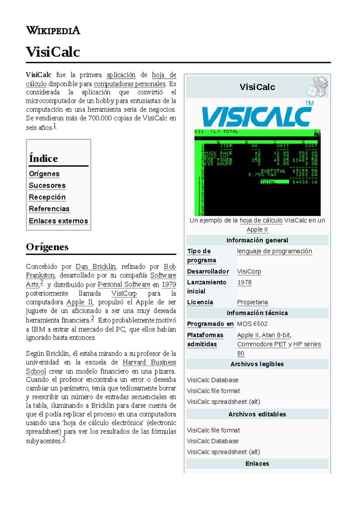 Visi Calc - software libre - VisiCalc Un ejemplo de la hoja de cálculo ...