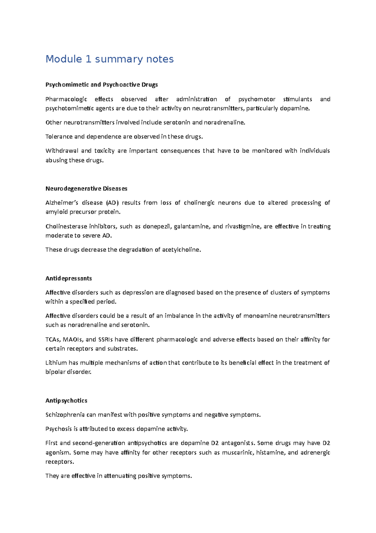 Module 1 summary notes - Module 1 summary notes Psychomimetic and ...