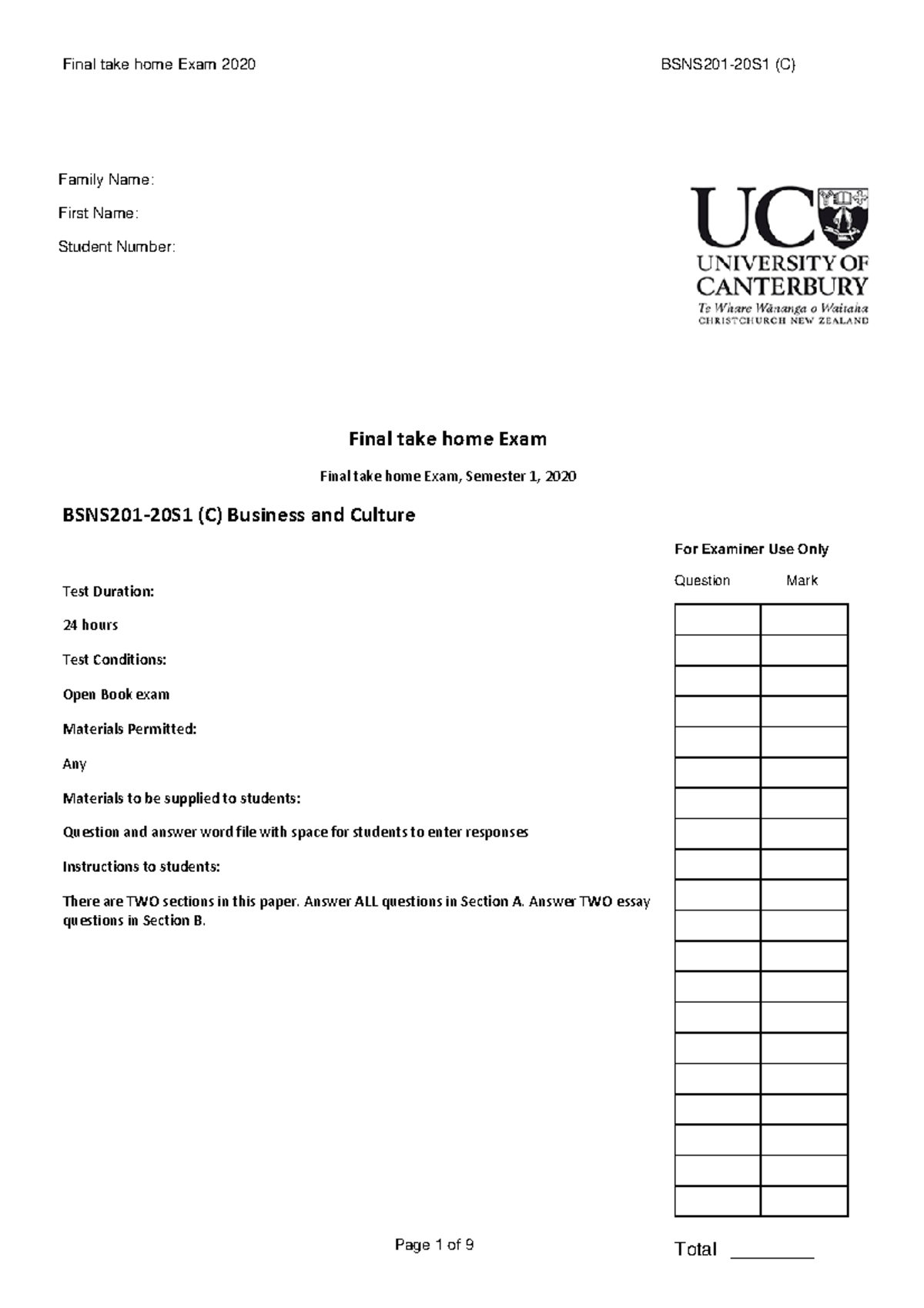 BSNS201 2020 Final exam (Take home) - Page 1 of 9 Final take home Exam ...