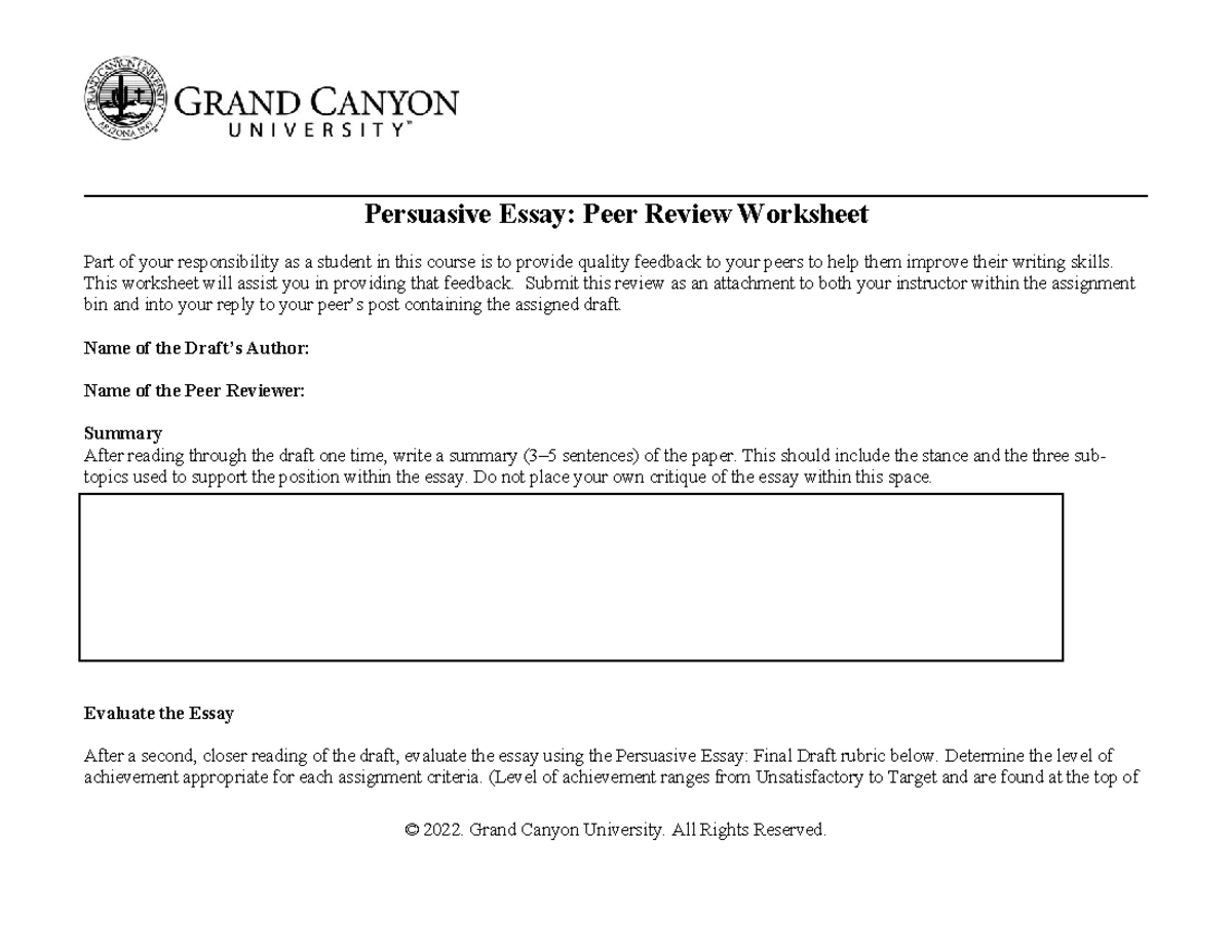 T-6 Peer Review Worksheet PHI105 - Persuasive Essay: Peer Review ...