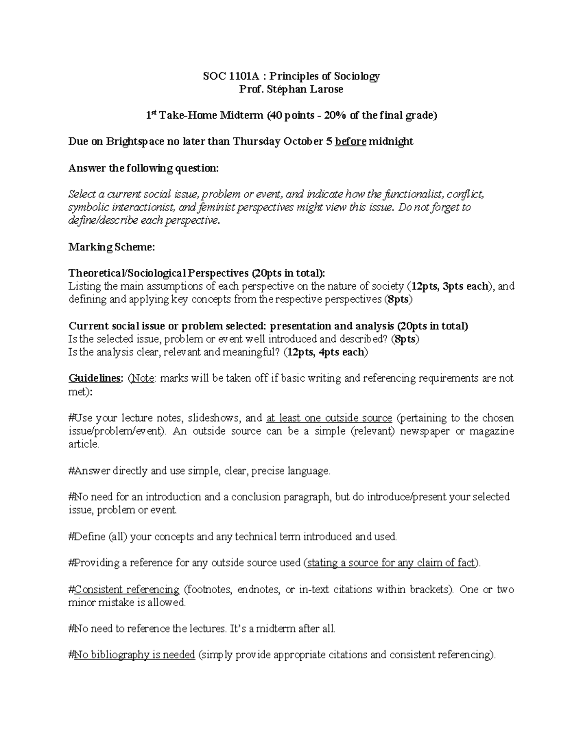 Midterm 1 - N/A - SOC 1101A : Principles of Sociology Prof. Stéphan ...