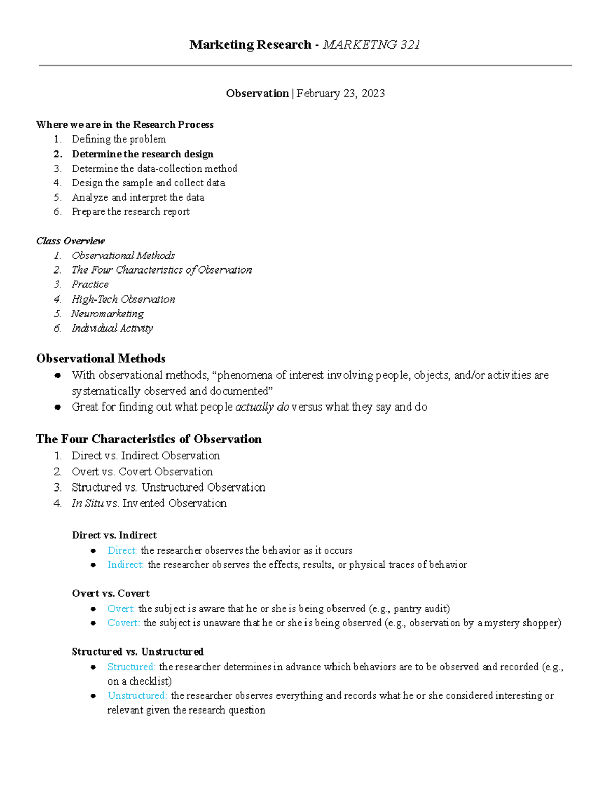 Observation Notes - Marketing Research - MARKETNG 321 Observation ...