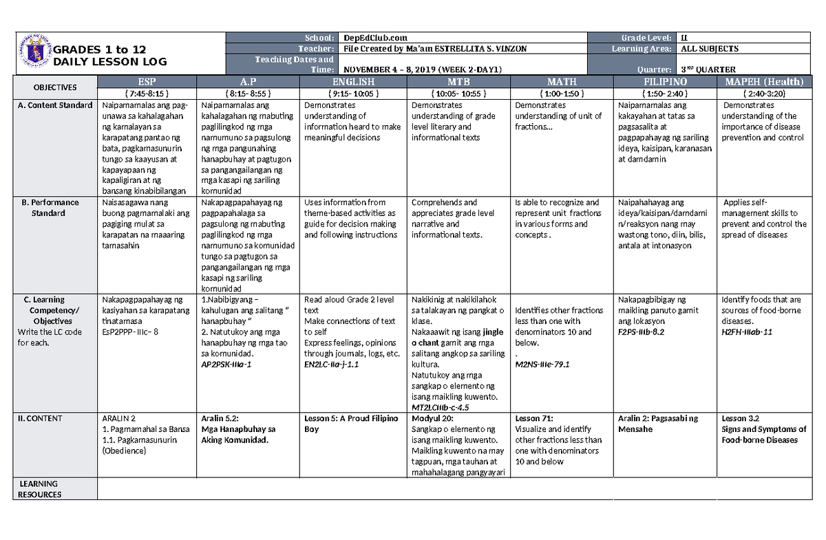 DLL ALL Subjects 2 Q3 W2 D1 - GRADES 1 to 12 DAILY LESSON LOG School ...