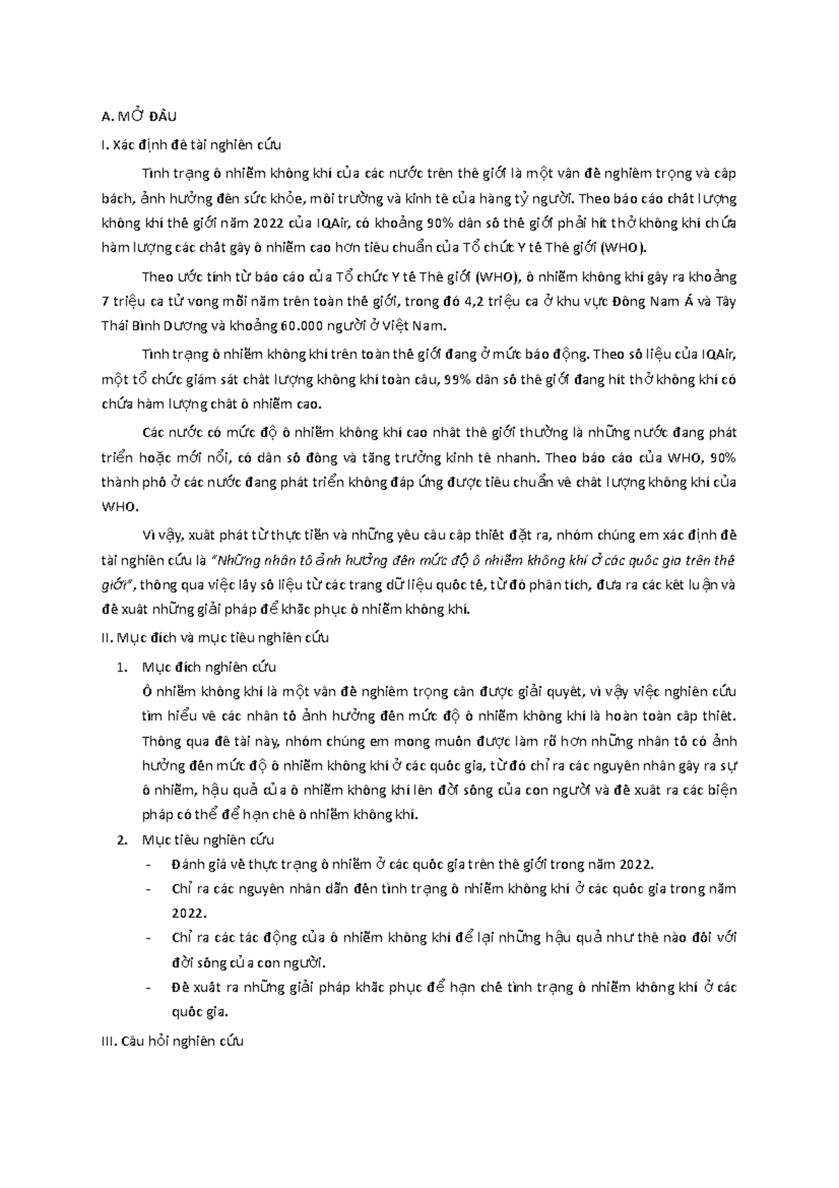 BT KTL - bài tập môn kinh tế lượng - A. M ỞĐẦẦU I. Xác đ nh đềề tài nghiền cị ứu Tình tr ạng ô ...
