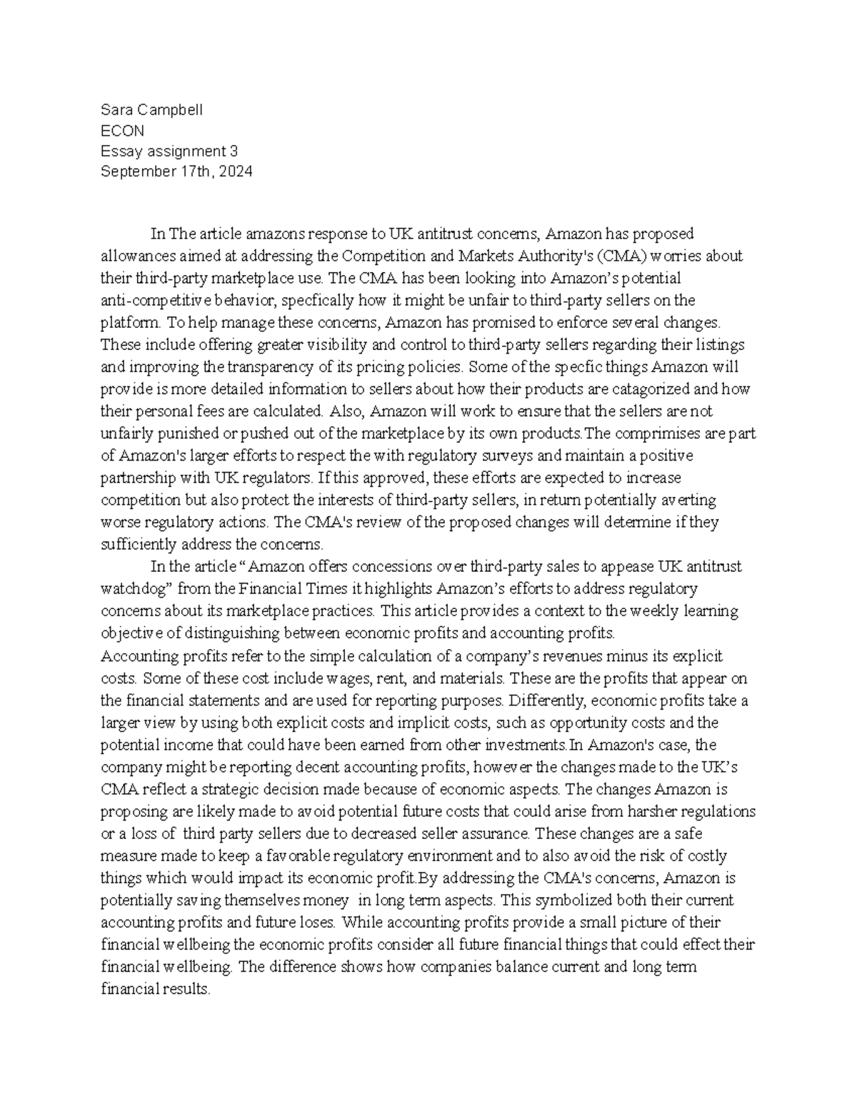 Econ essay 4 - Sara Campbell ECON Essay assignment 3 September 17th ...