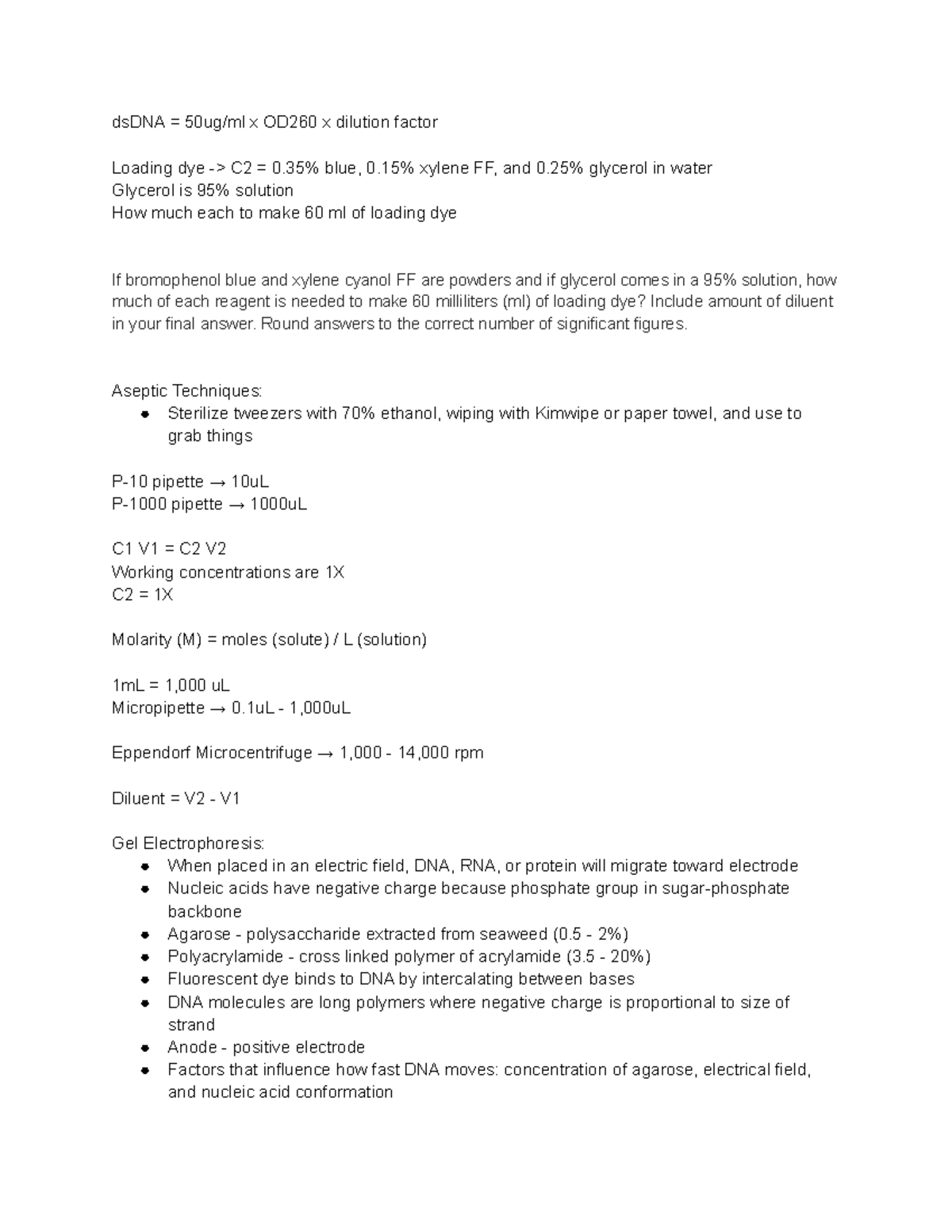 Lab Practical Notes - dsDNA = 50ug/ml x OD260 x dilution factor Loading ...
