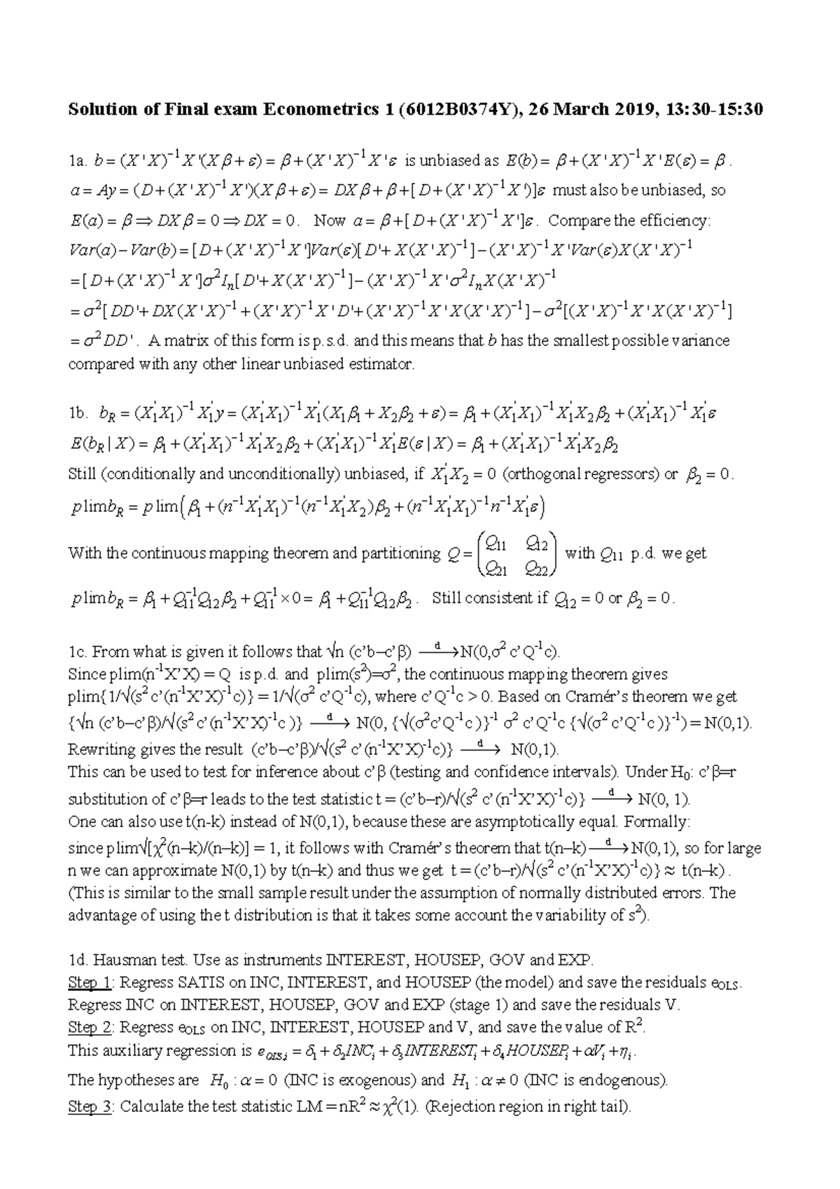 Ec1 exam 2019 solutions - Solution of Final exam Econometrics 1 (6012B0374Y), 26 March 2019 ...