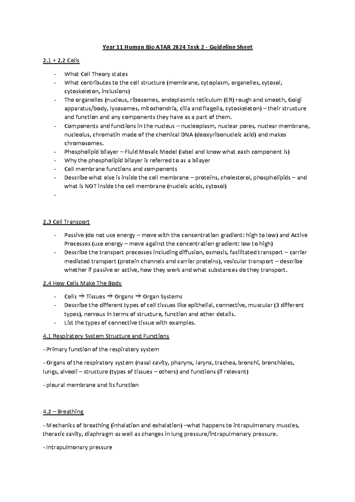 Year 11 Human Bio ATAR 2024 Task 2 Guideline Sheet - Year 11 Human Bio ...