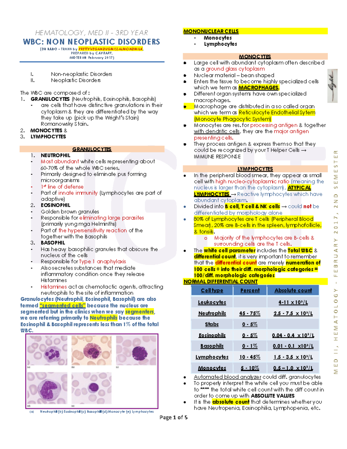 Non Neoplastic WBC - M E D I I , H E M A T O L O G Y - F E B R U A R Y ...