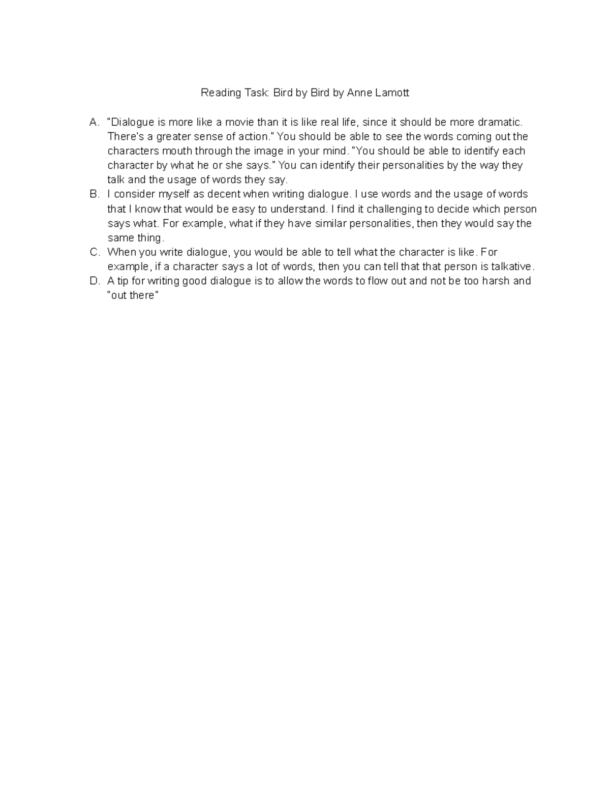 2021- Intro to Literature- Assignment - Reading Task: Bird by Bird by ...