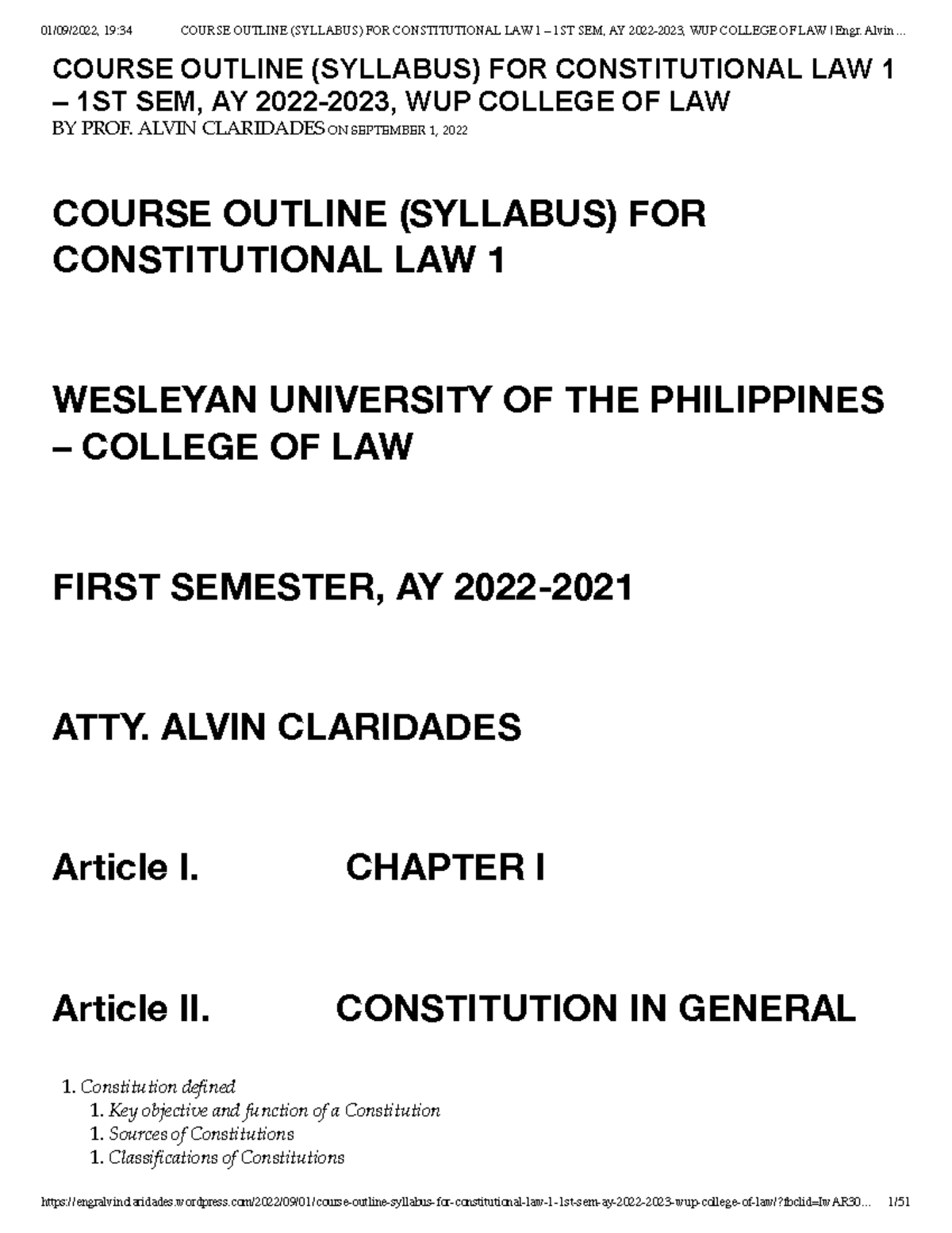 Course Outline ( Syllabus) FOR Constitutional LAW 1 – 1ST SEM, AY 2022 ...