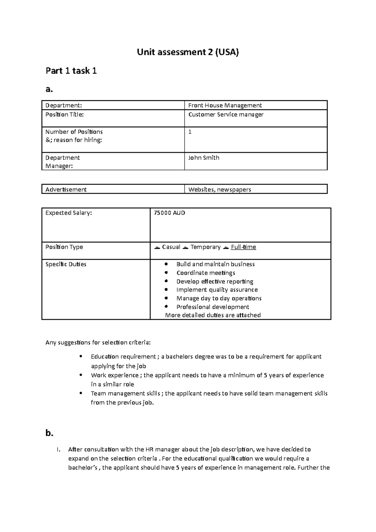 Assessment 2 - task 2 - Unit assessment 2 (USA) Part 1 task 1 a ...