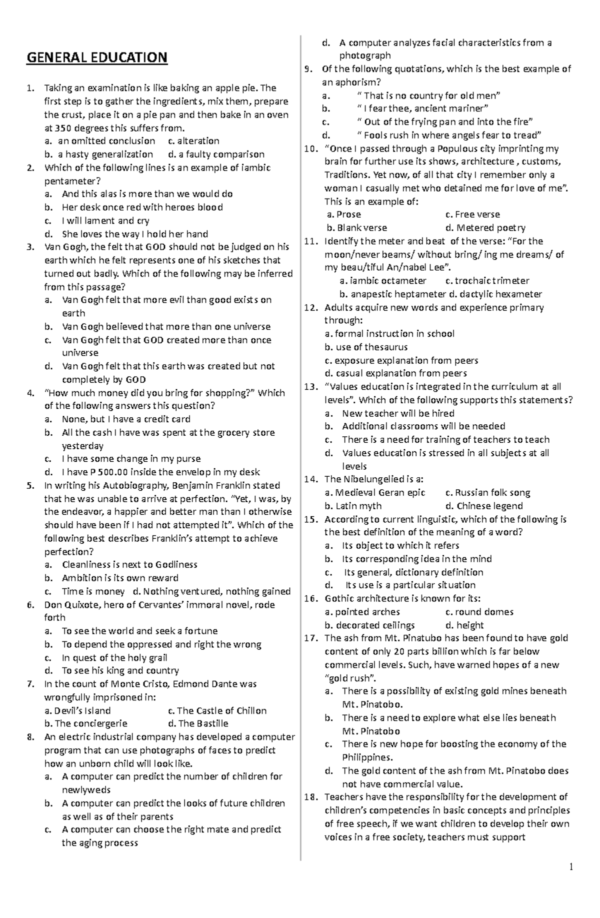 GEN ED 1 - For General Education Reviewer and Notes - GENERAL EDUCATION ...