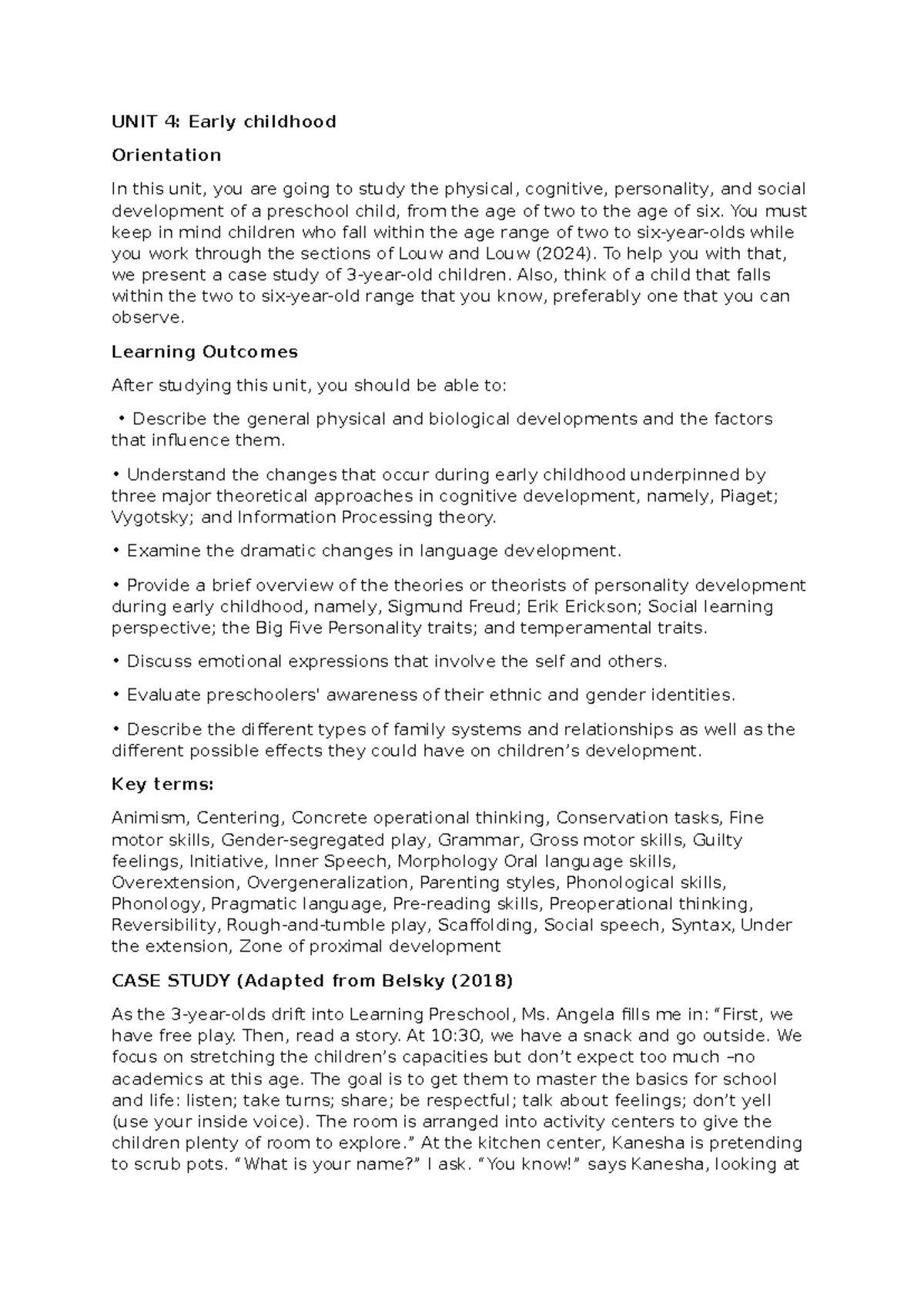 Summary of learning unit 4 Early childhood - UNIT 4: Early childhood ...