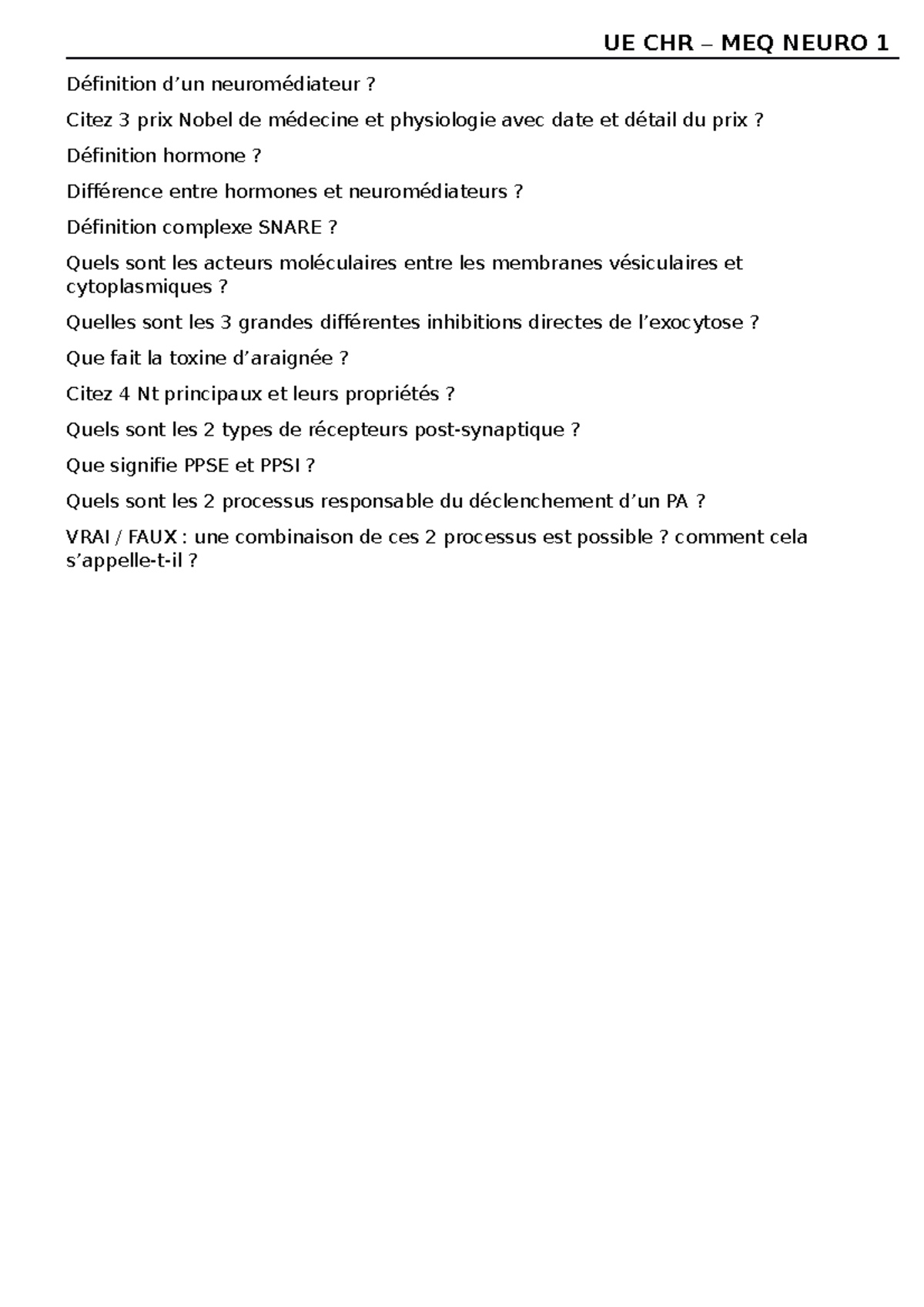 MEQ Neuro 1 - UE CHR – MEQ NEURO 1 Définition d’un neuromédiateur ...