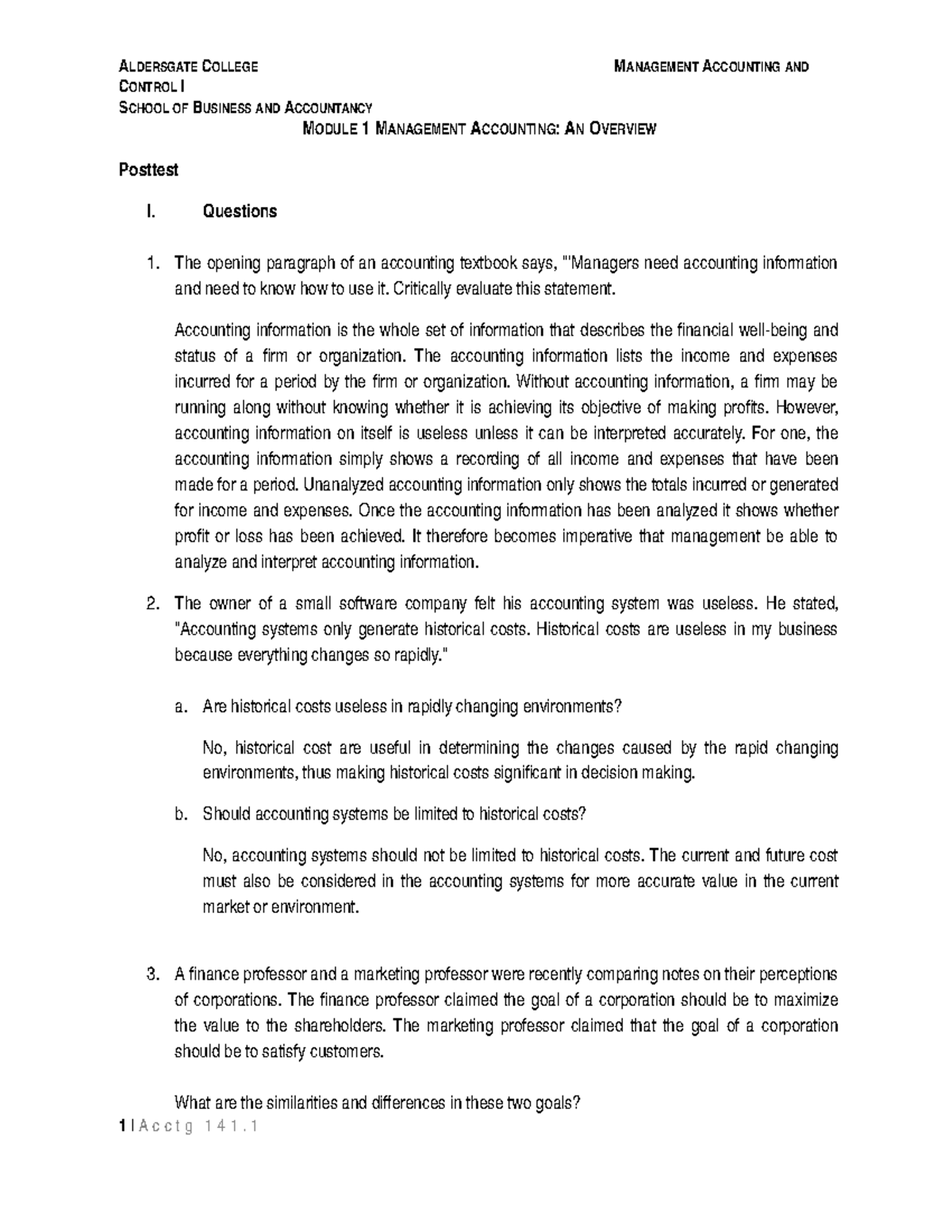 Management Acctg - CONTROL I SCHOOL OF BUSINESS AND ACCOUNTANCY MODULE ...