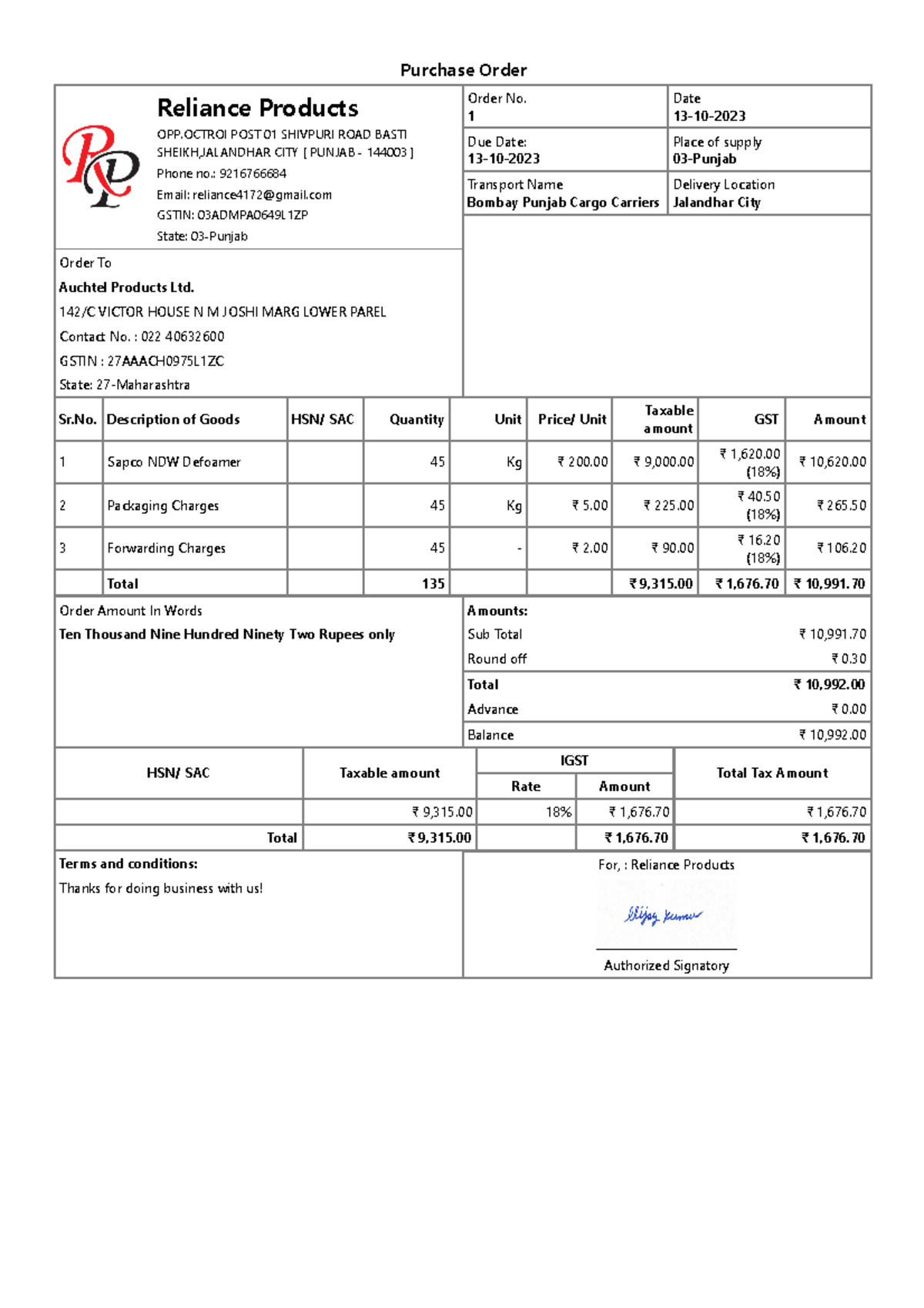 Purchase Order - xyzz - Purchase Order Reliance Products OPP POST 01 ...