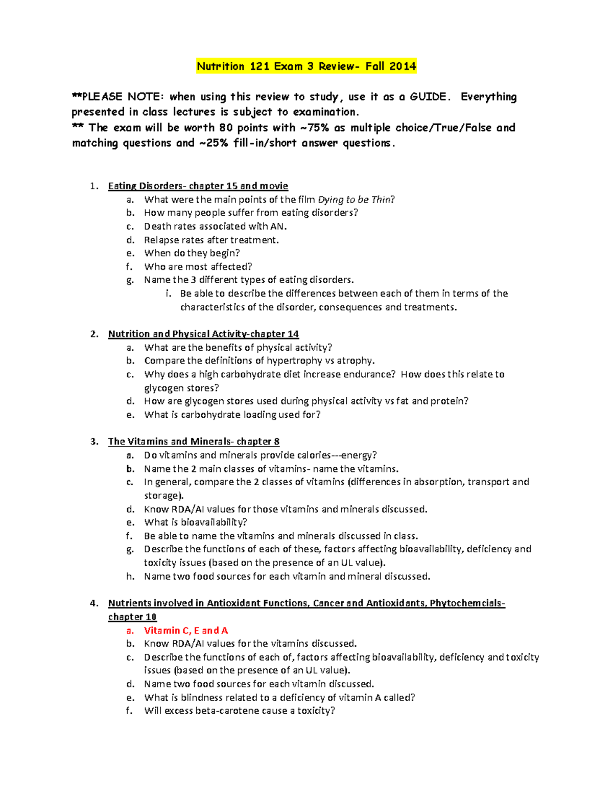 Nutrition 121 Exam 3 Review - Nutrition 121 Exam 3 Review- Fall 2014 ...