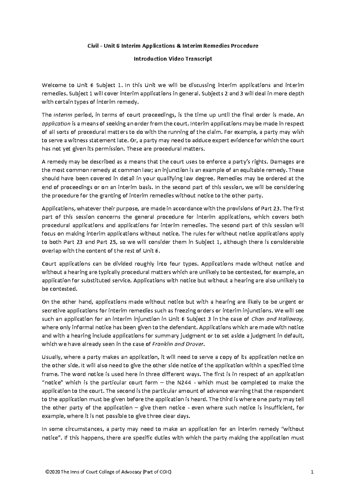 U6S1 Introduction Video Transcript - Interim Applications Remedies ...