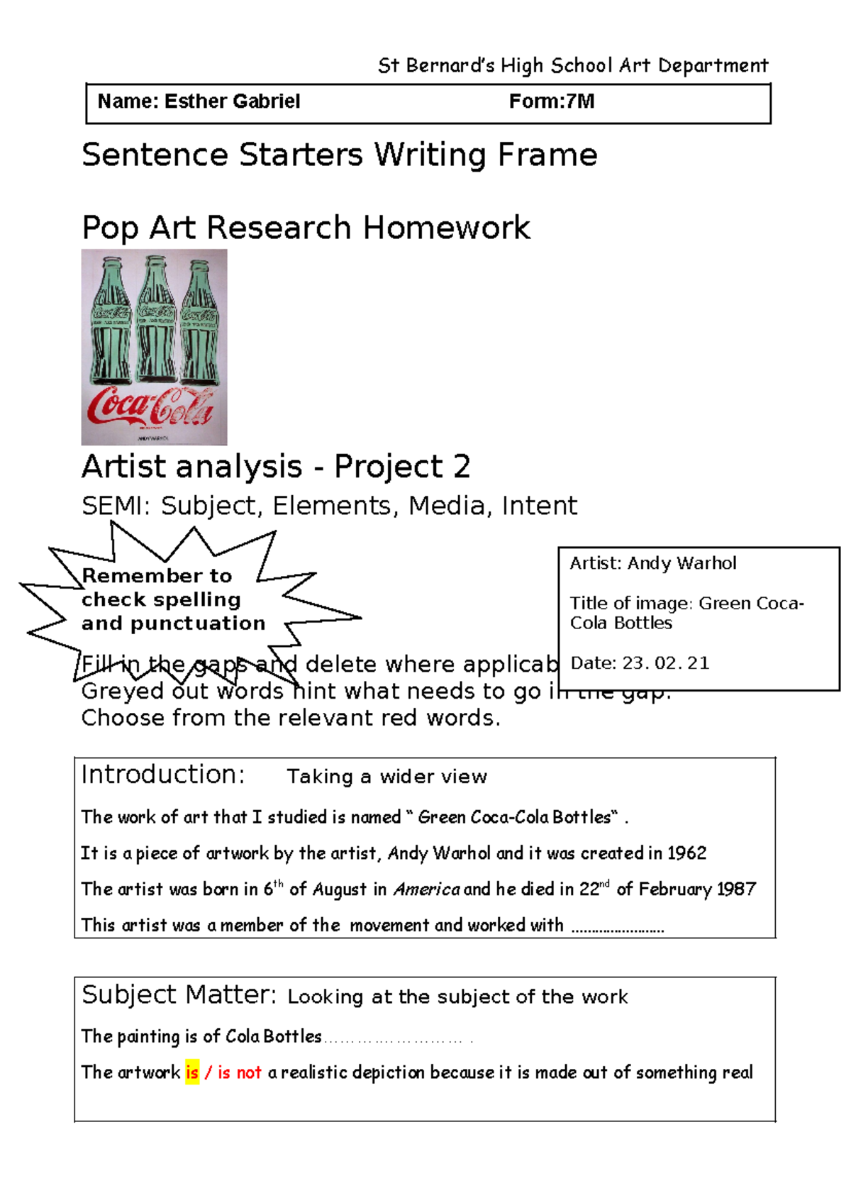Sentence Starters Writing frame - St Bernard’s High School Art ...