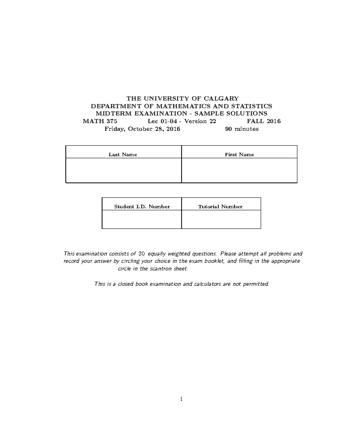 Midterm for Math375 - THE UNIVERSITY OF CALGARY DEPARTMENT OF ...