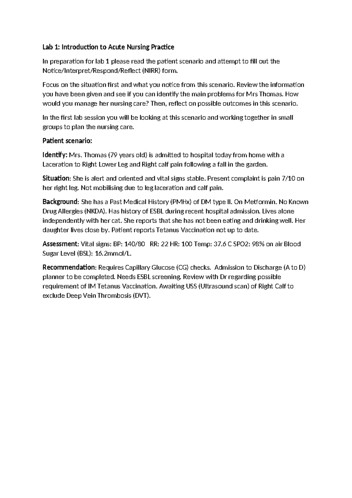 Lab 1 scenario - lab summary - Lab 1: Introduction to Acute Nursing ...