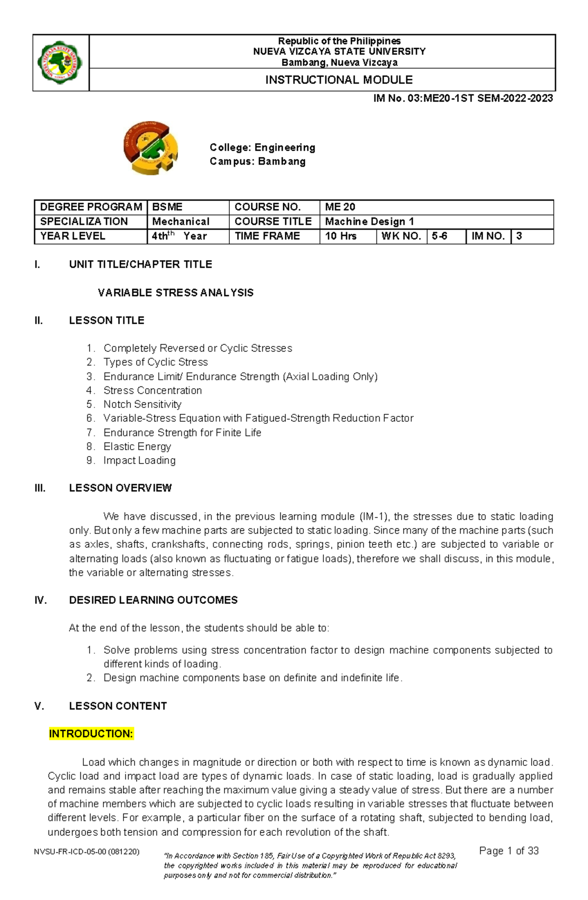 IM3-Variable-Stresses-Machine-Design 1-Week-5-6-Module - NUEVA VIZCAYA STATE UNIVERSITY Bambang ...