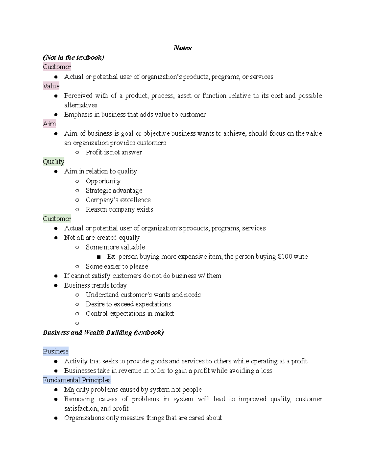 Notes Ba Business Class Notes Not In The Textbook Customer Actual
