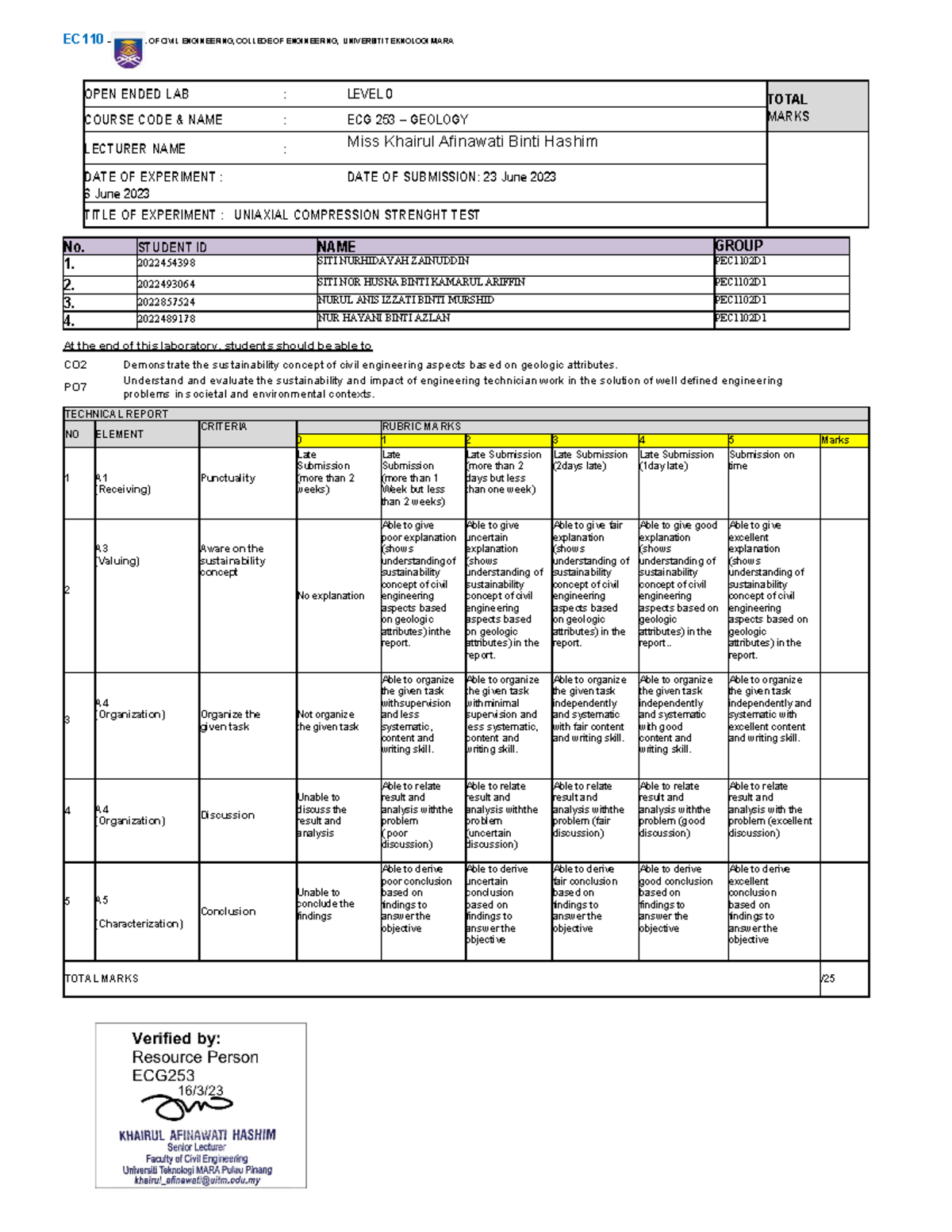 GEO LAB 9- UCS - EC110 – DIPLOMA OF CIVIL ENGINEERING, COLLEGE OF ...