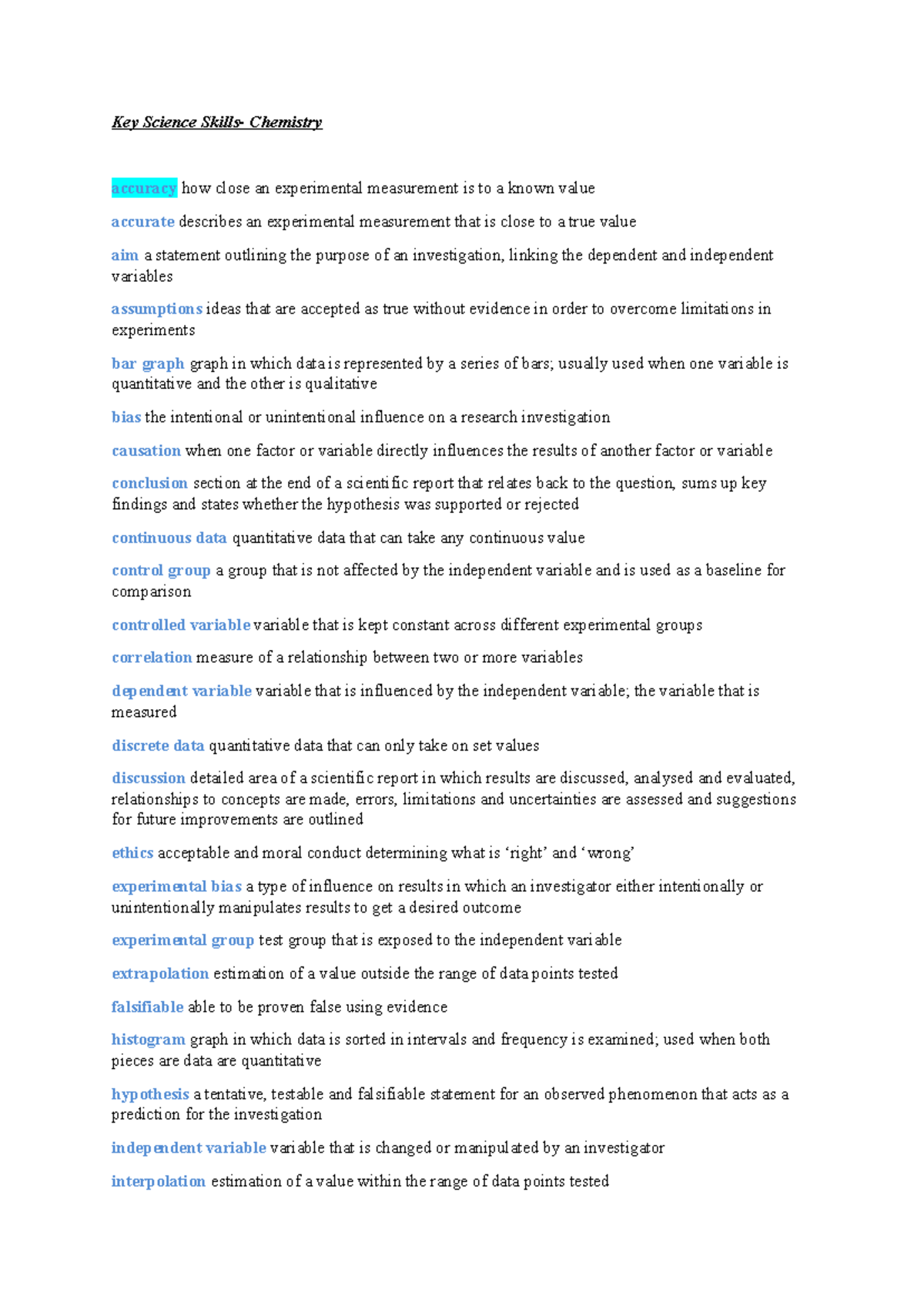 Key Science Skills - Summary Stage 1 Chemistry - Key Science Skills ...