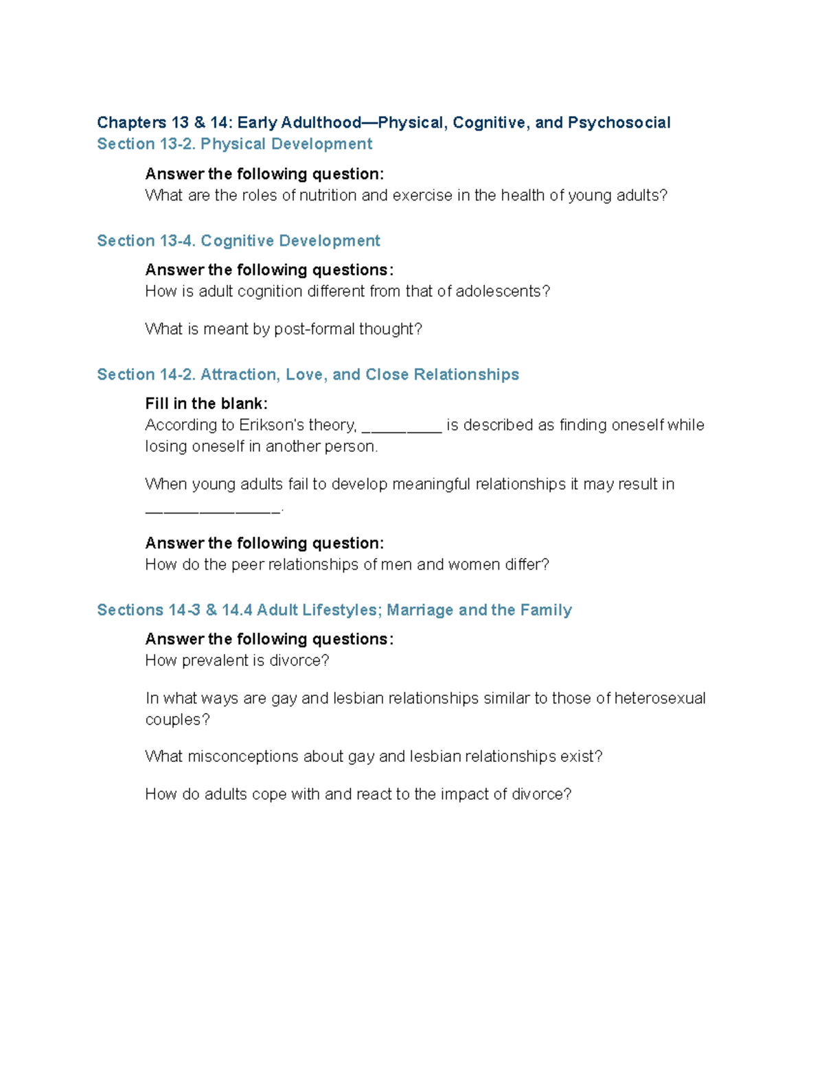 C217 Study Guide- Chap13-16 - Chapters 13 & 14: Early Adulthood ...