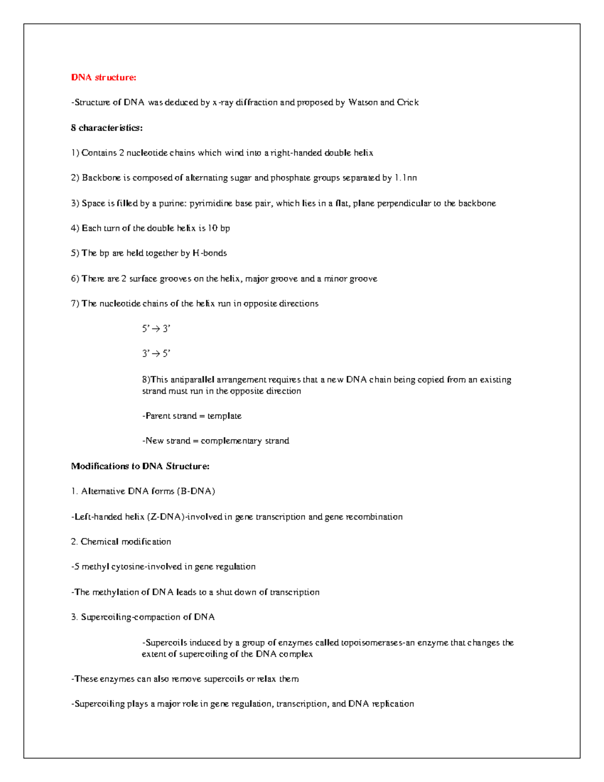 DNA structure - Lecture notes 10 - DNA structure: -Structure of DNA was ...