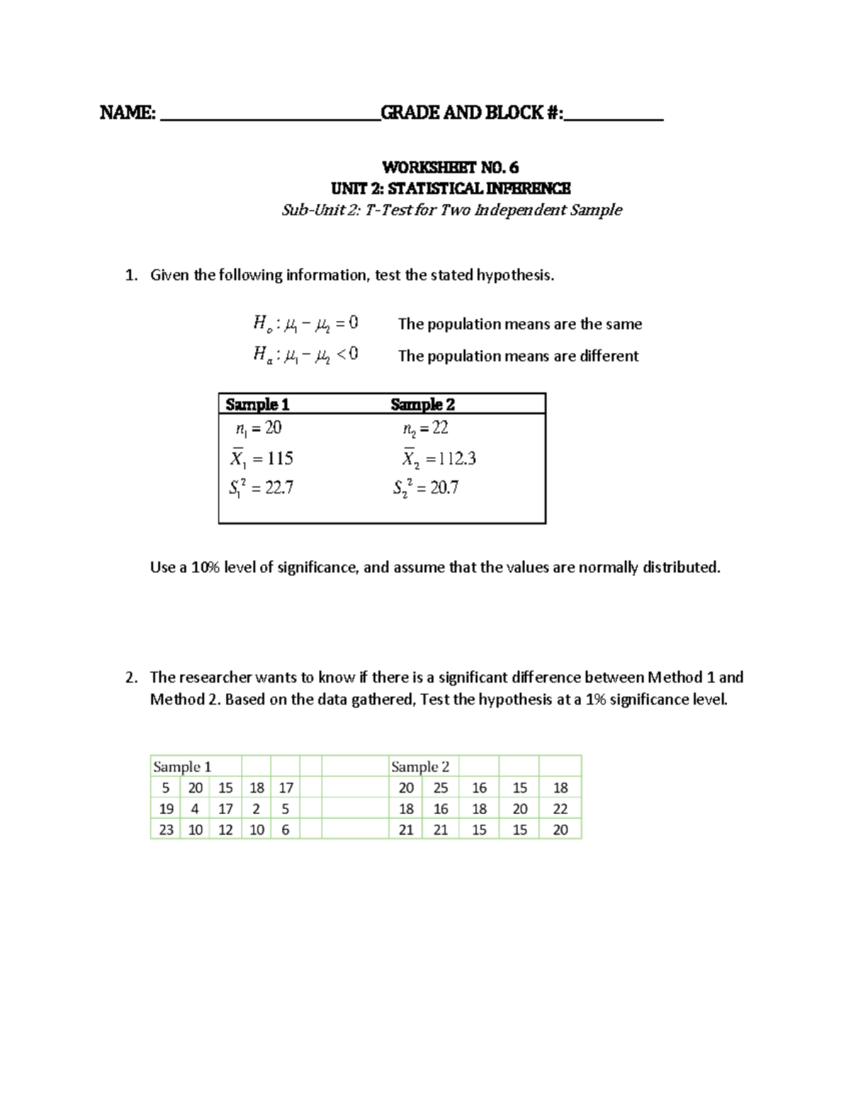 Worksheet NO. 6 Statistical Inference FOR TWO Independent Sample - NAME