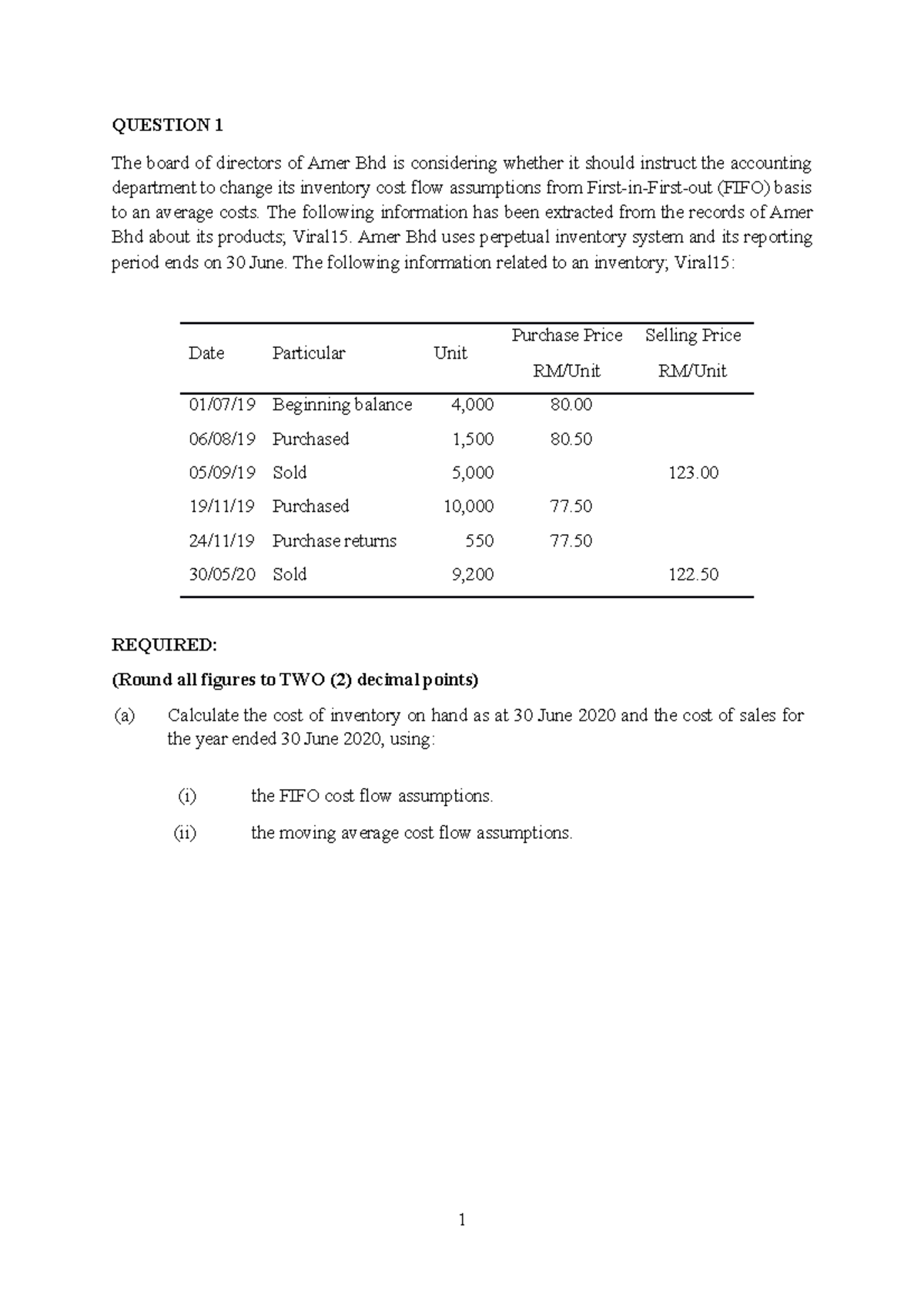 BKAR Financial Accounting Chapter 5 Inventory A202 student - QUESTION 1 ...