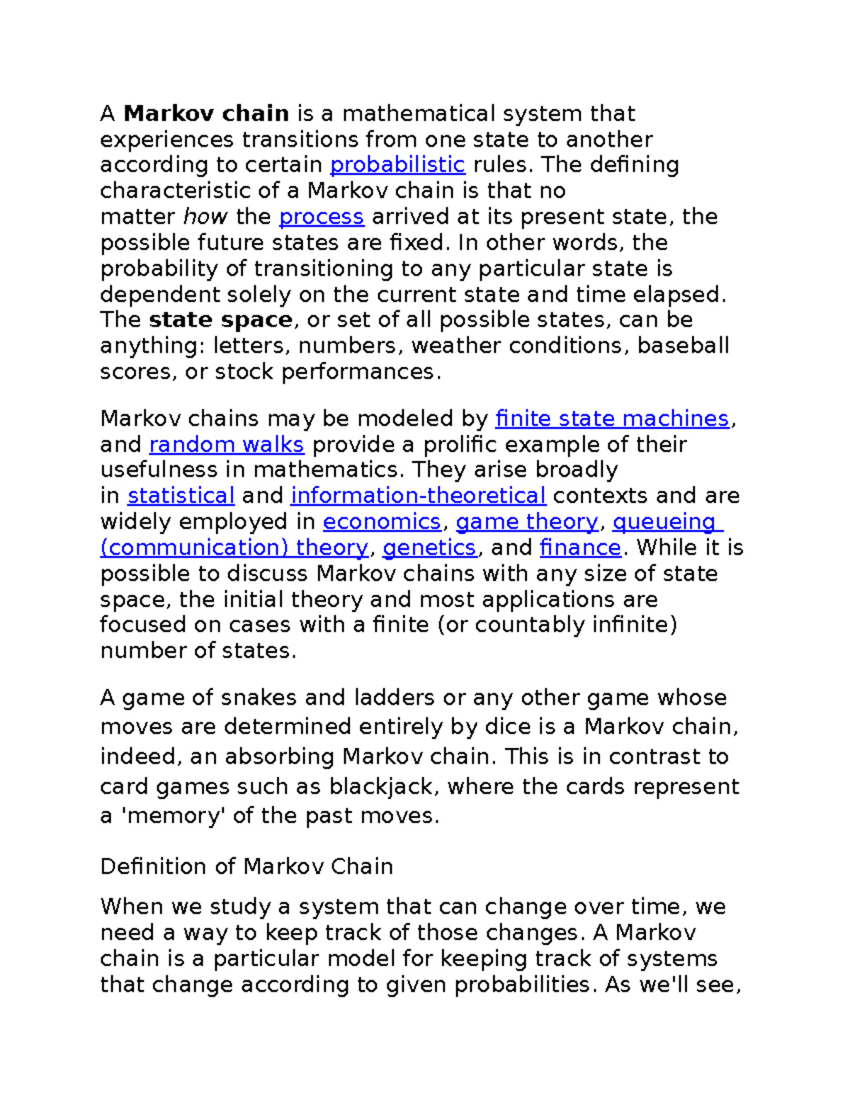 Markov chain - notes - A Markov chain is a mathematical system that ...