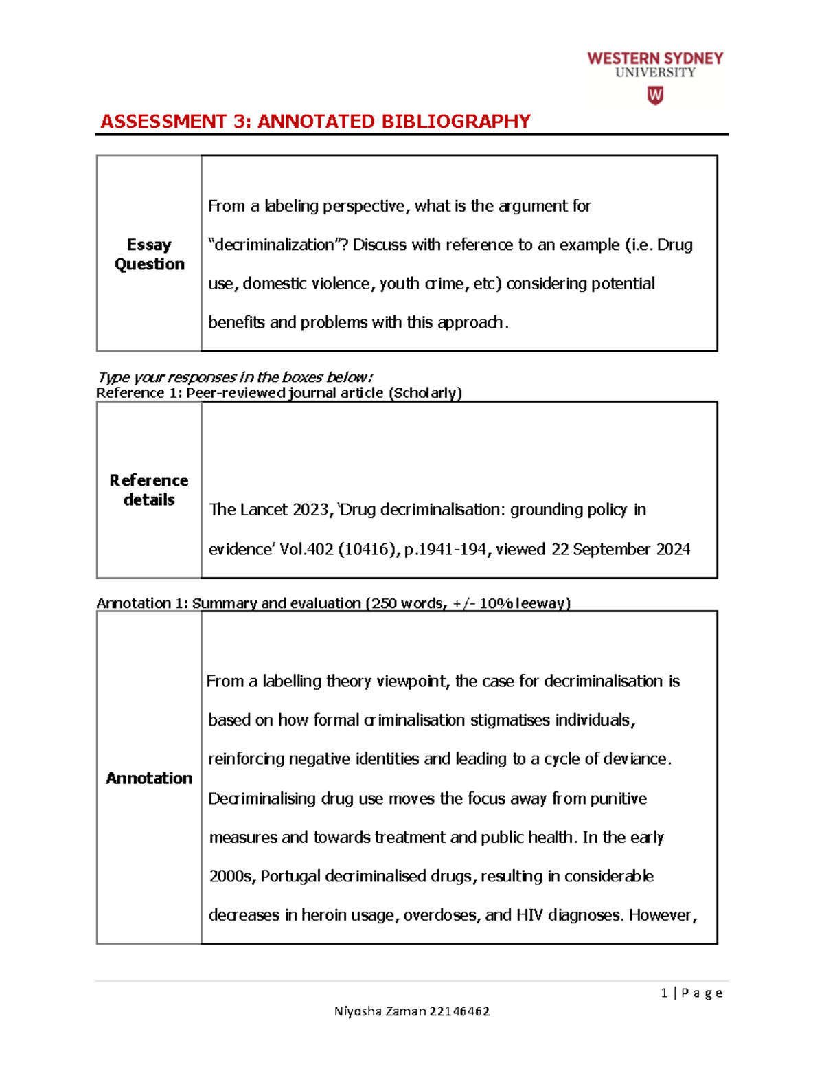 Annotated Bibliography Template CD&S Corrected - 1 | P a g e ASSESSMENT ...