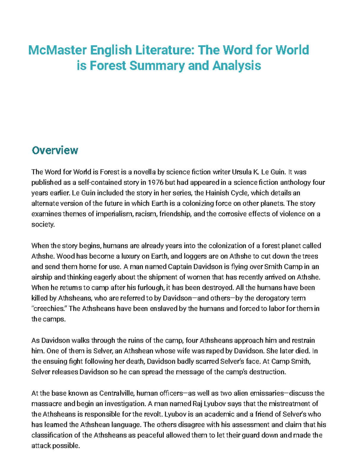 McMaster English Literature The Word for World is Forest Summary and ...