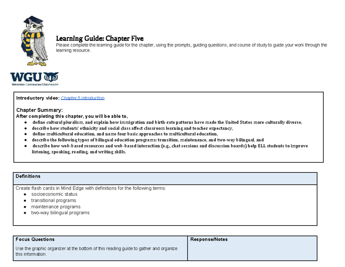 Chapter 5 Learning Guide Blank Learning Guide Chapter Five Please