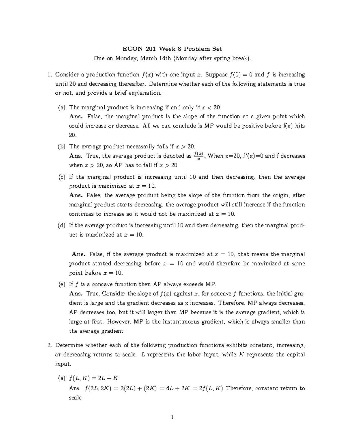 Econ 201 Hw 8 Homework Assignment Producer Theory Production Function Econ 201 Week 8