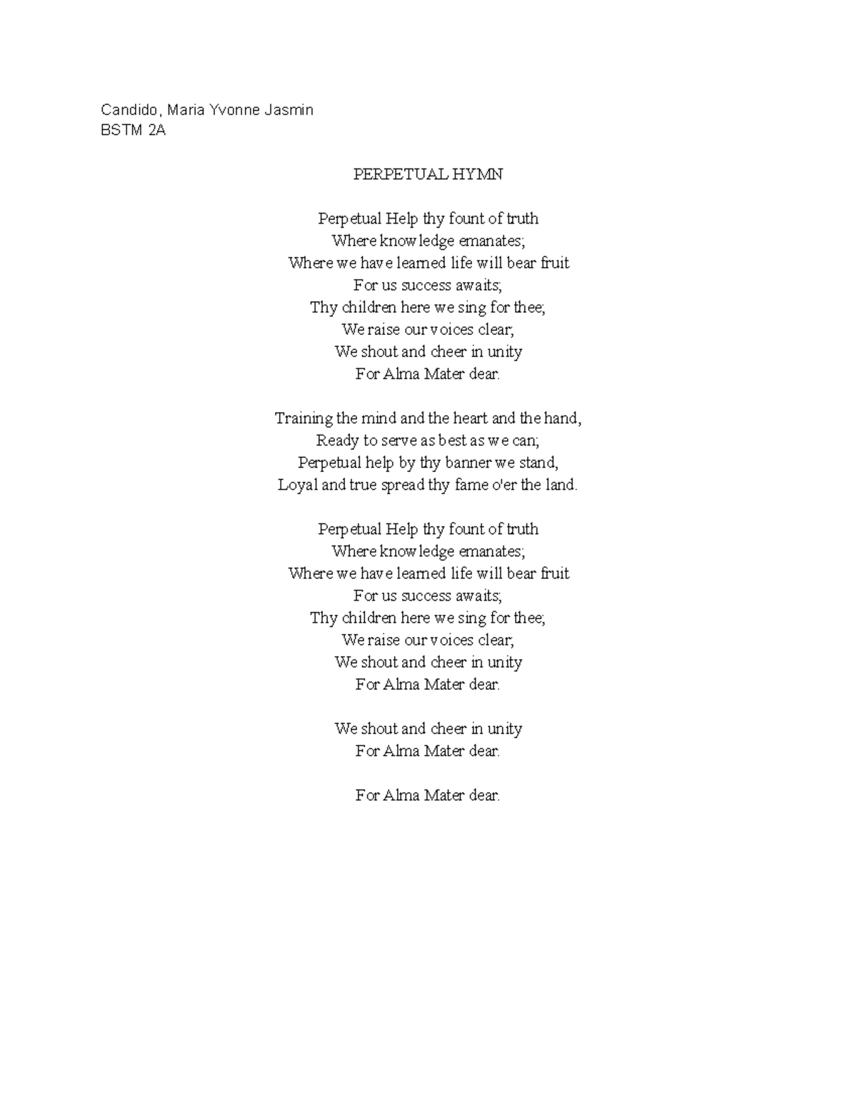 Perpetual Hymn, Mission, and Vision - Candido, Maria Yvonne Jasmin BSTM ...
