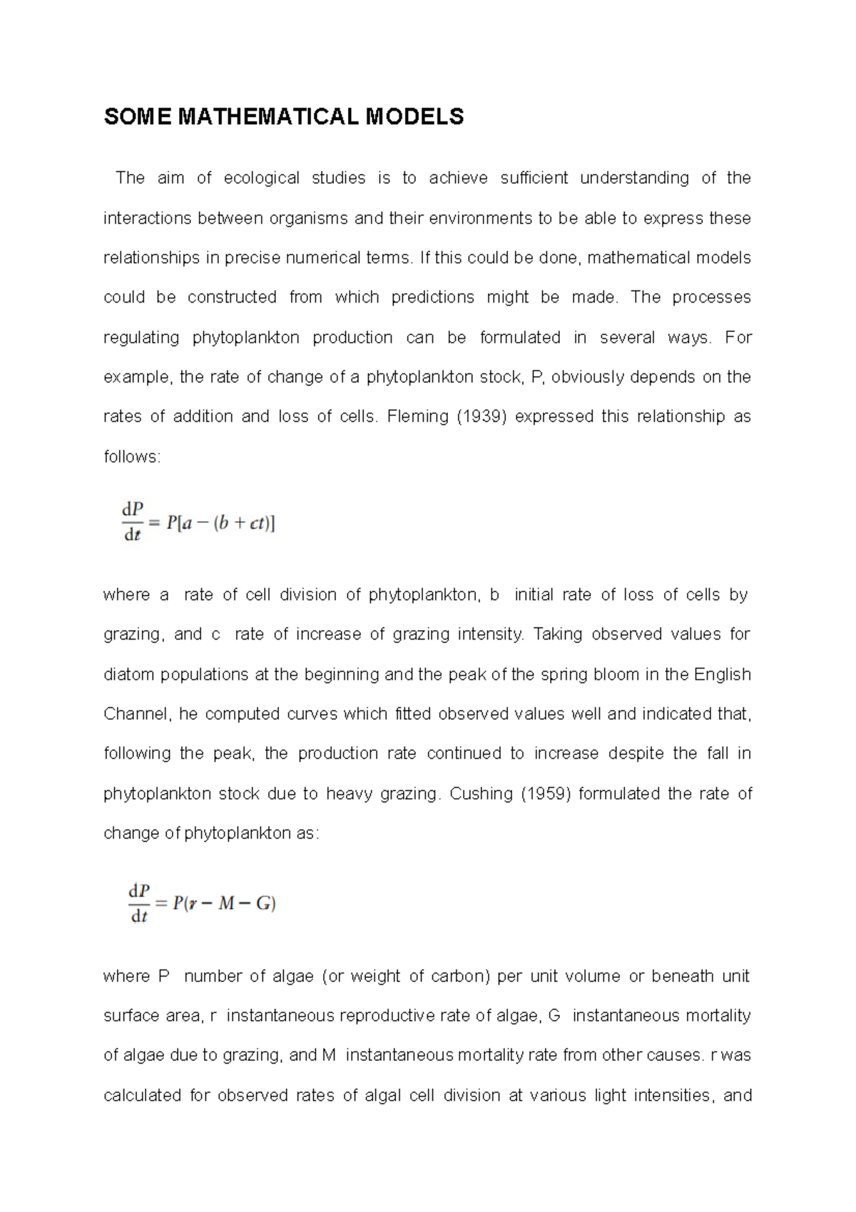 SOME Mathematical Models - SOME MATHEMATICAL MODELS The aim of ...