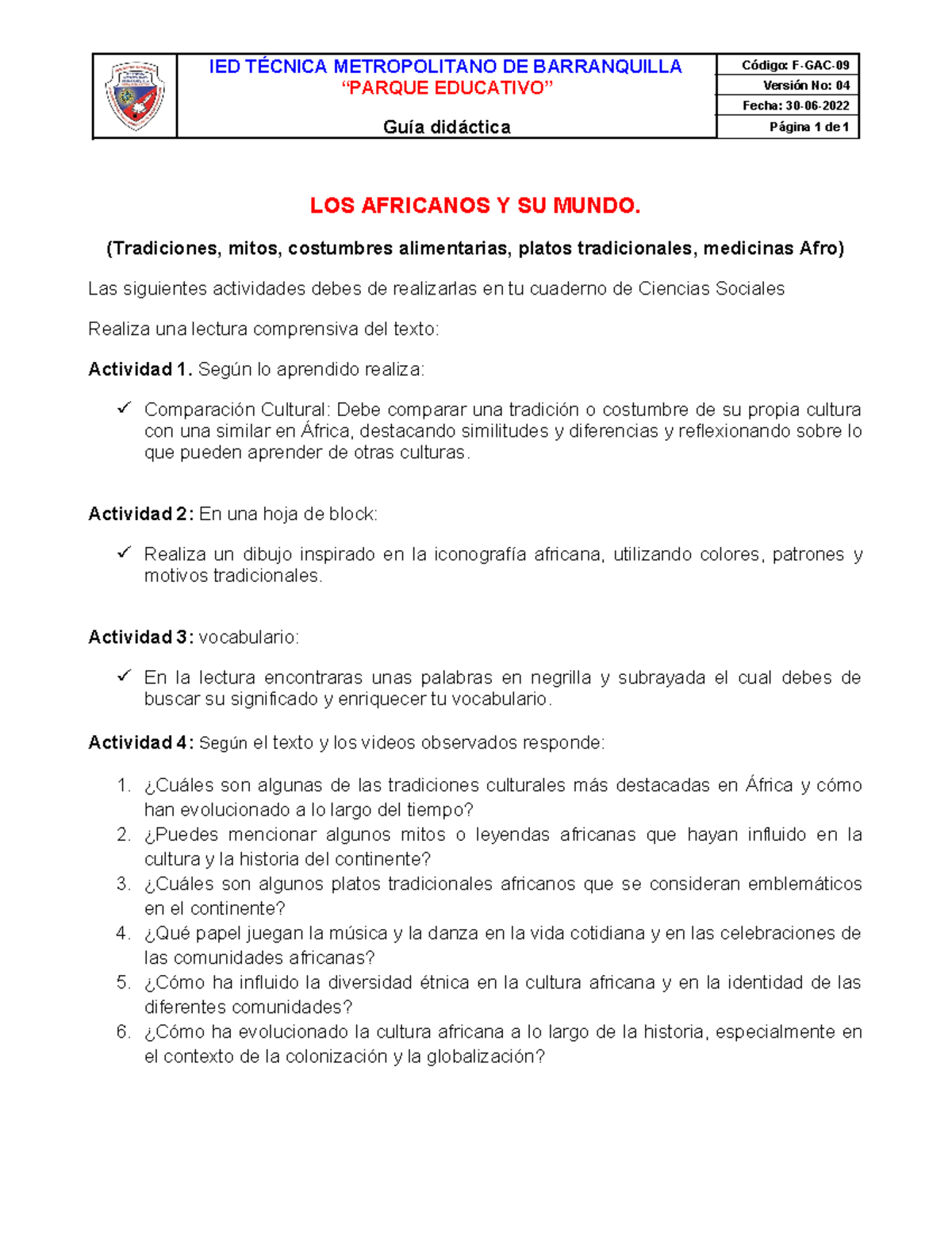 Actividades los Africanos y su mundo 8° - IED TÉCNICA METROPOLITANO DE ...