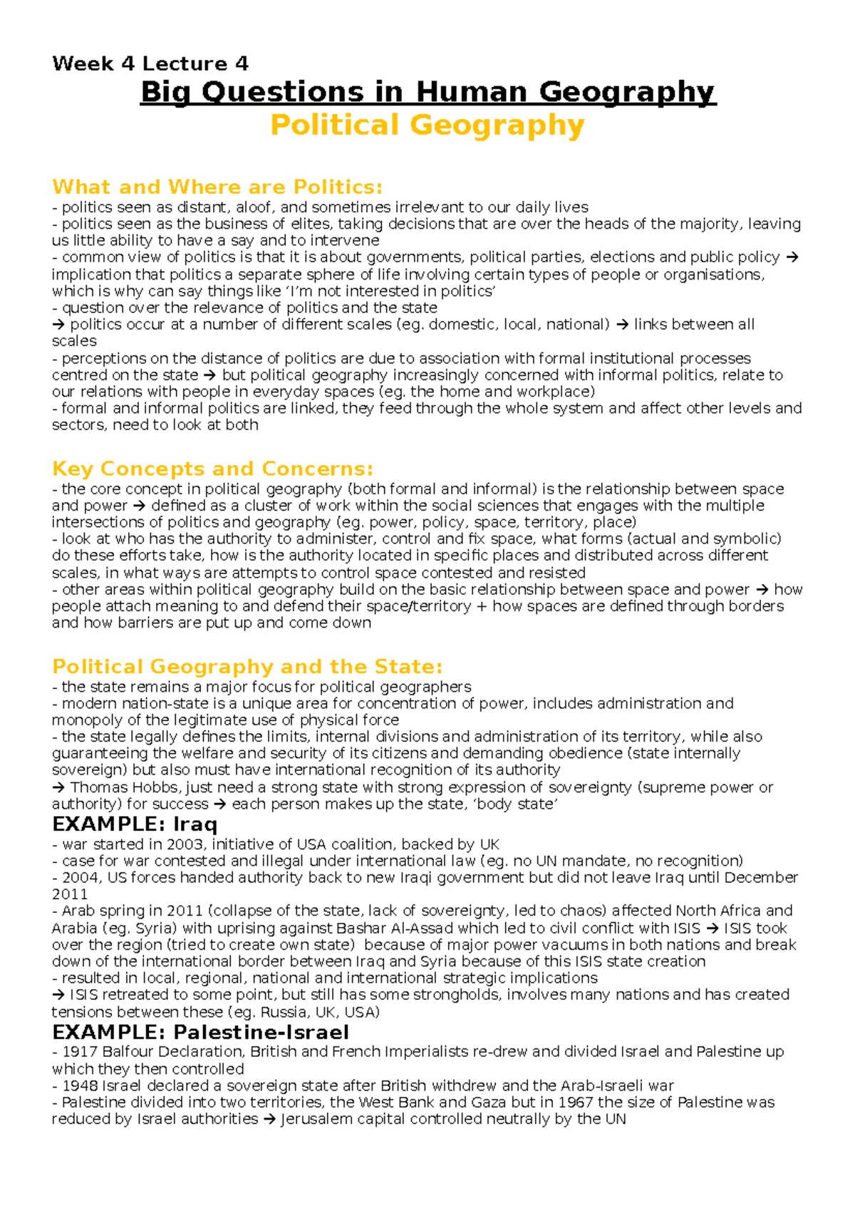 Week 4 Lecture 4 political geography - Week 4 Lecture 4 Big Questions ...