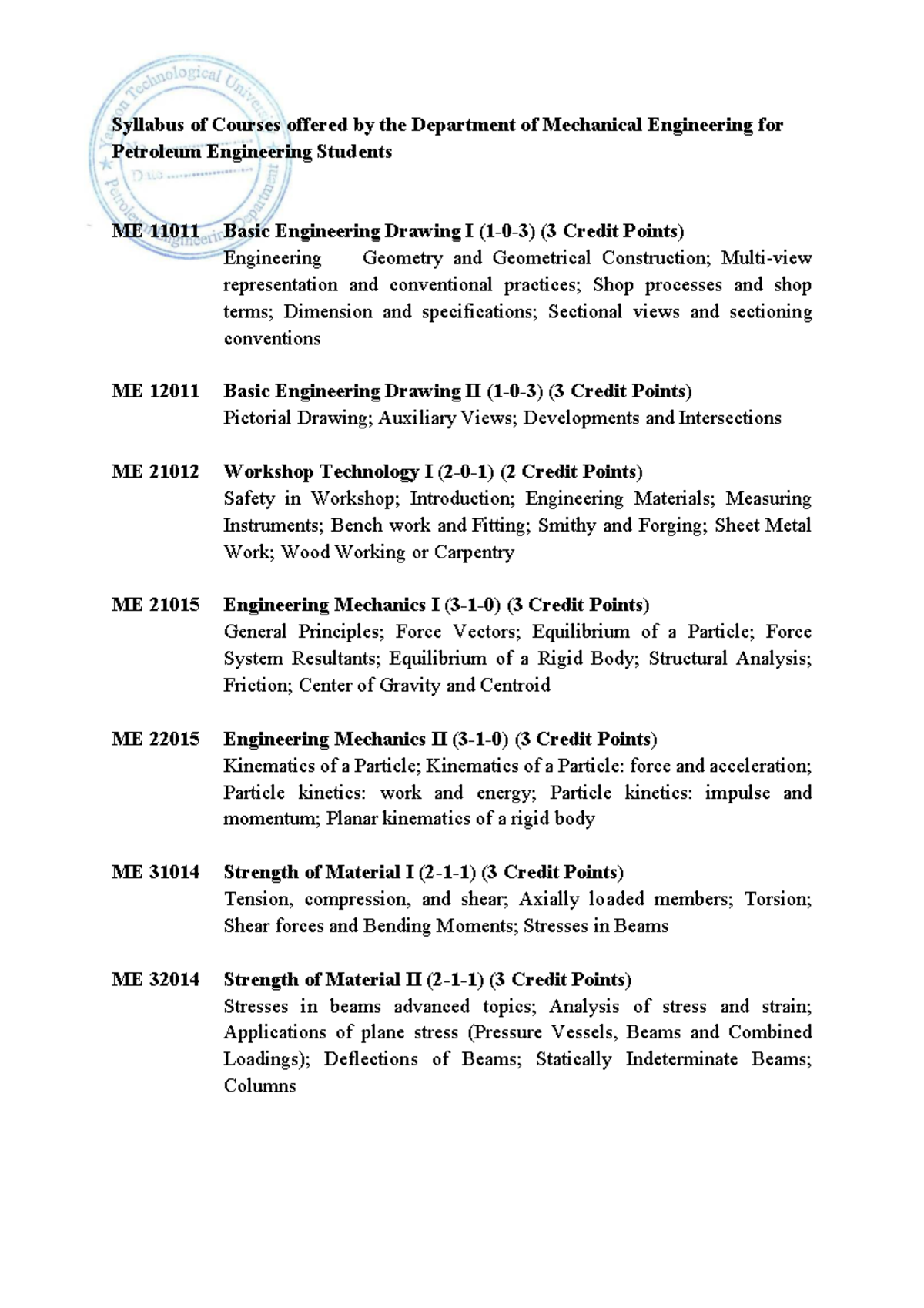 Syllabus of the Courses offered by the Department of Mechanical ...