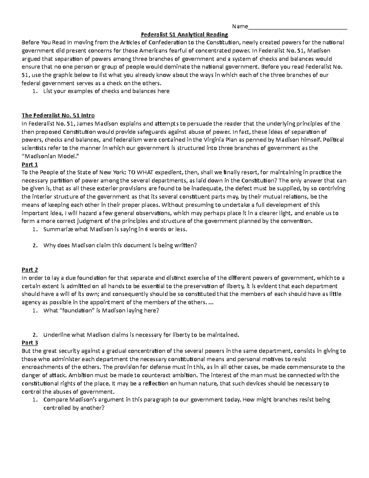 Federalist 51 Analytical Reading - Name ...