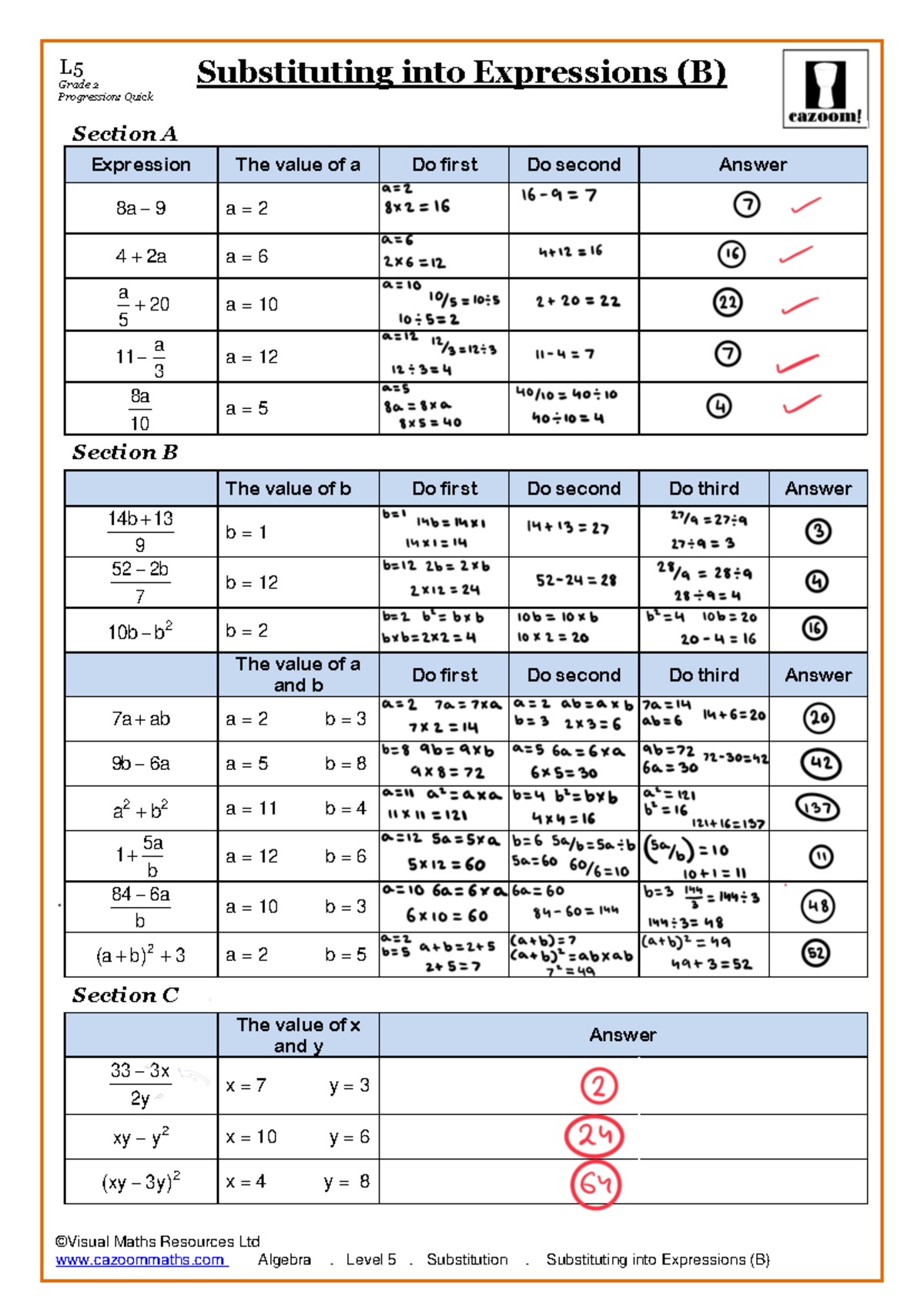 Algebra. Level 5. Substitution. Substituting into Expressions (B ...