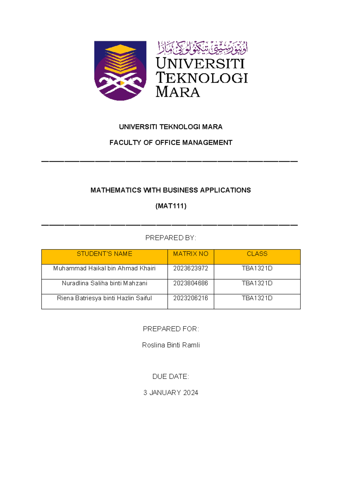 MAT111 Math Group Assignment - UNIVERSITI TEKNOLOGI MARA FACULTY OF OFFICE MANAGEMENT - Studocu